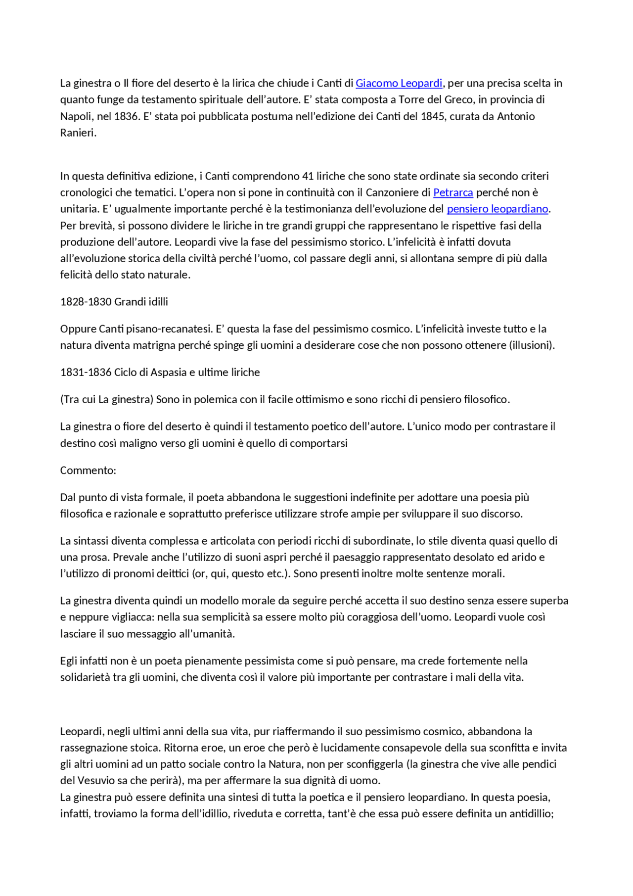 La Ginestra Di Leopardi Docsity