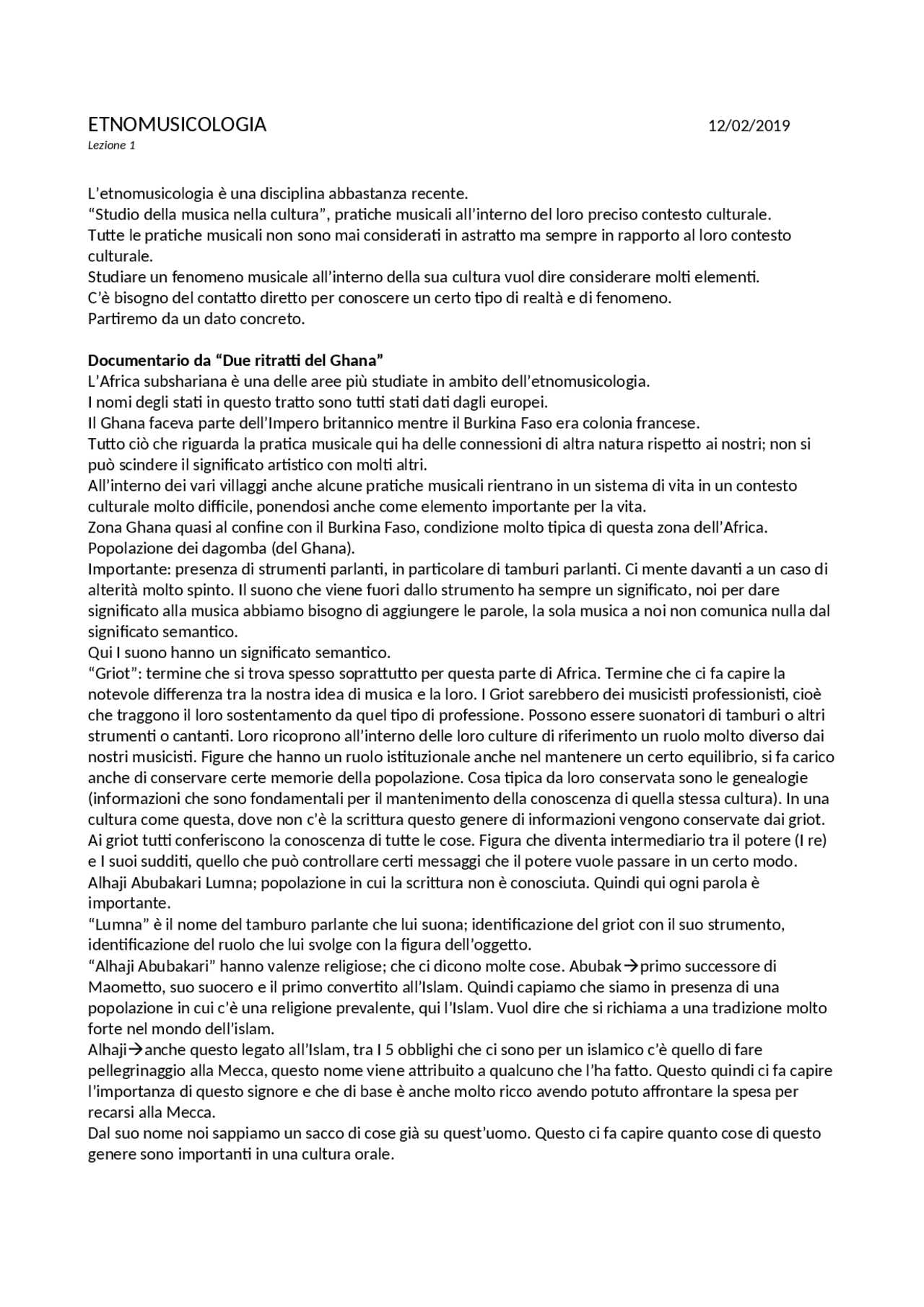 Etnomusicologia Università Statale Docsity