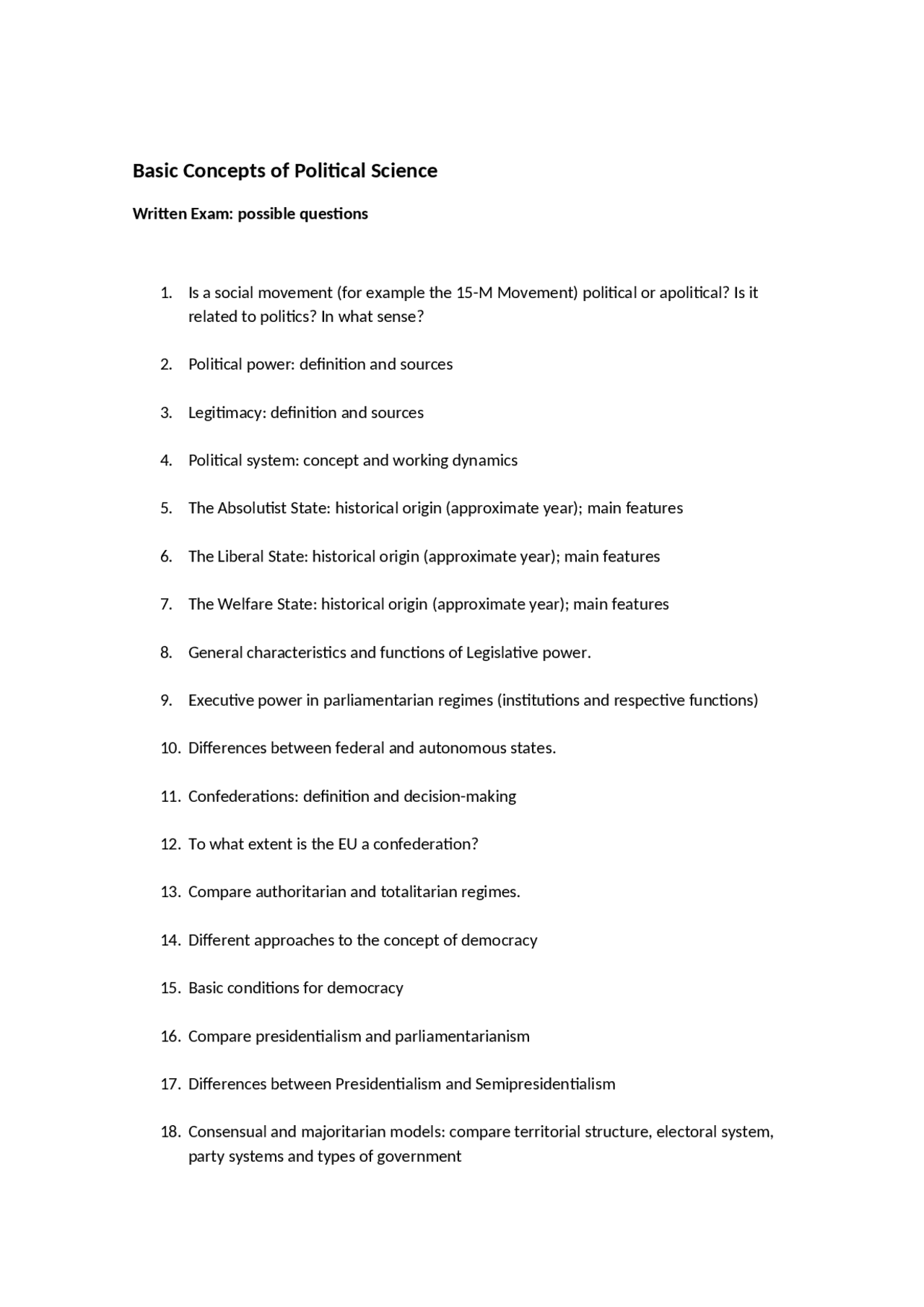 Politic exam questions - Docsity