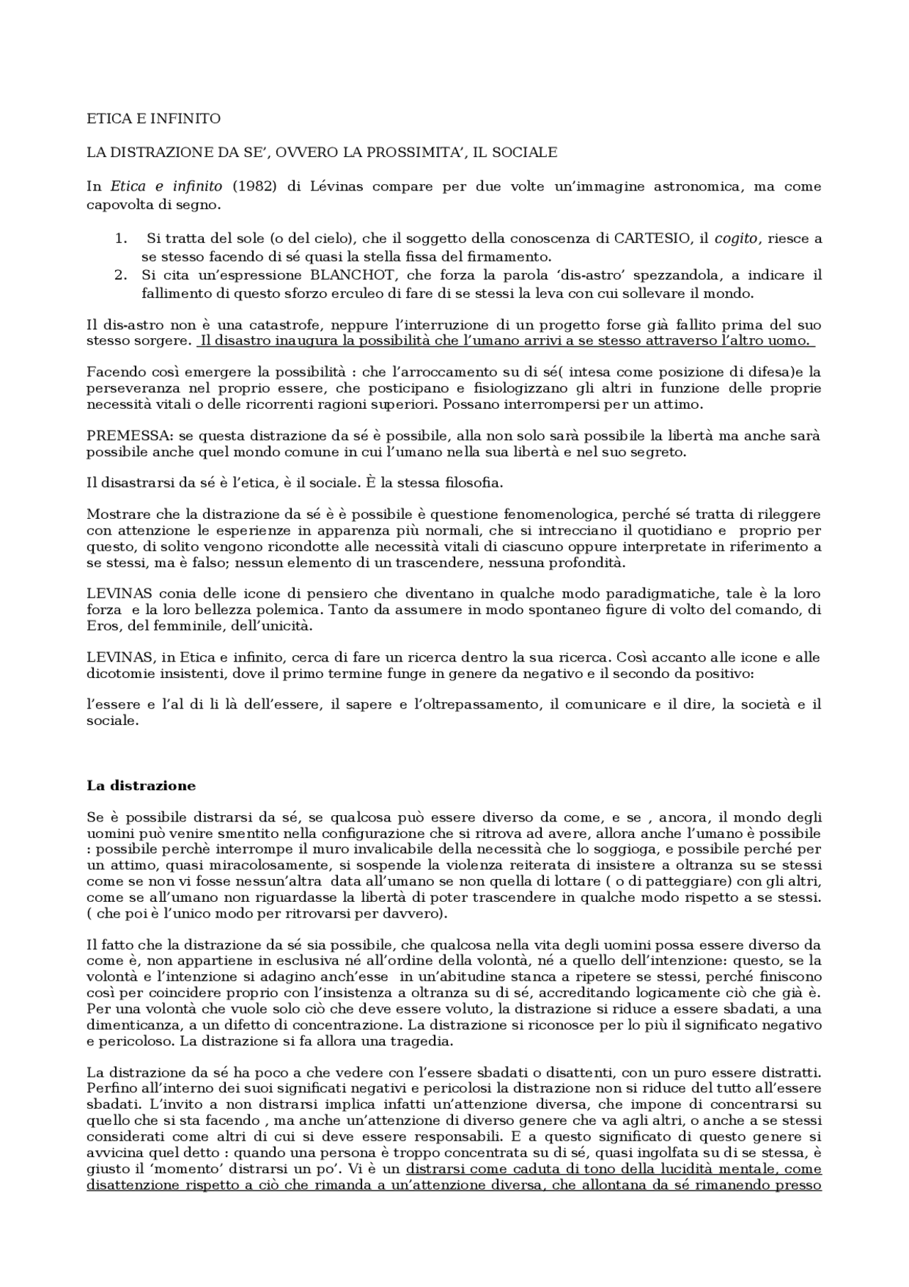 Etica E Infinito Di E Lévinas Docsity