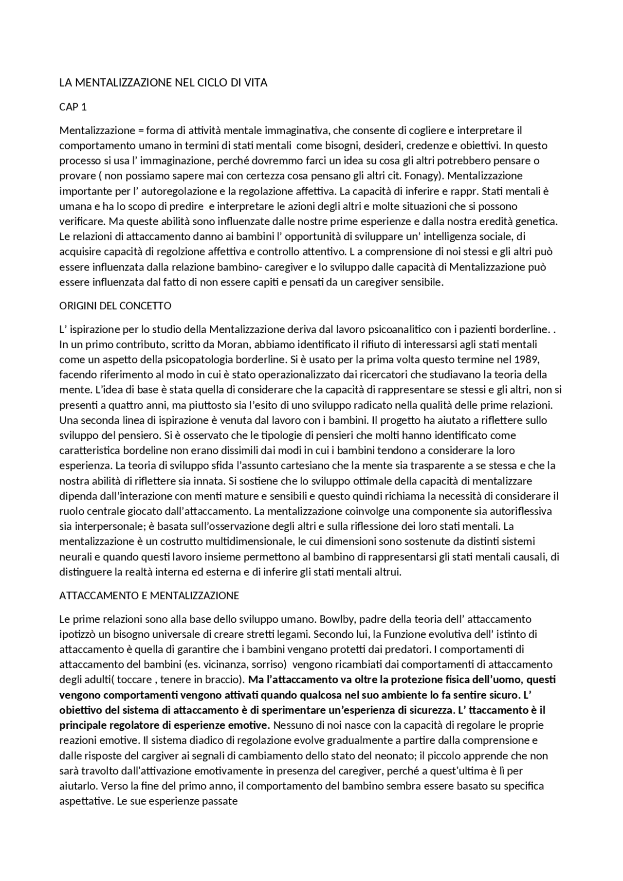 Capitolo 1 e 2 mentalizzare nel ciclo della vita - Docsity