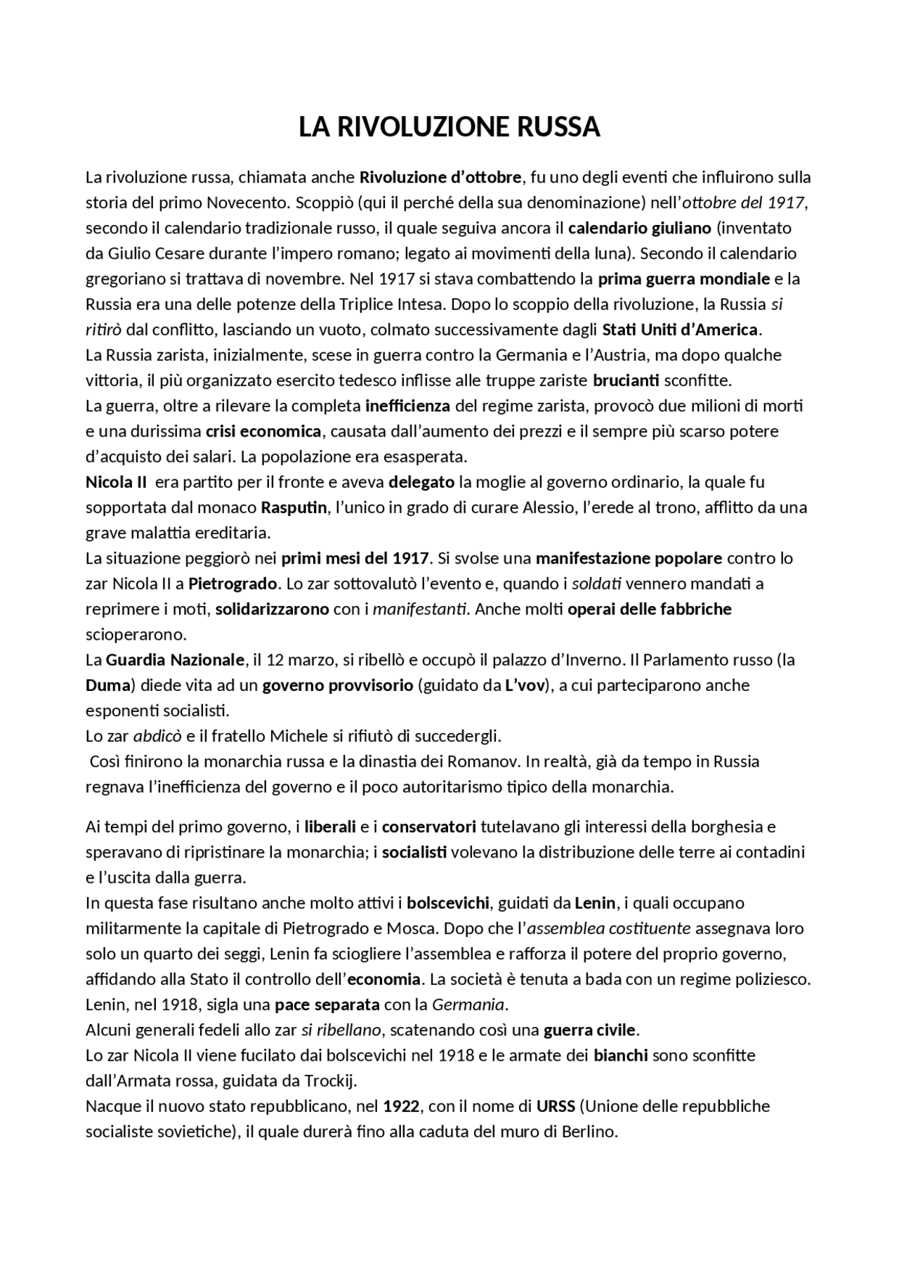 La Rivoluzione Russa Docsity