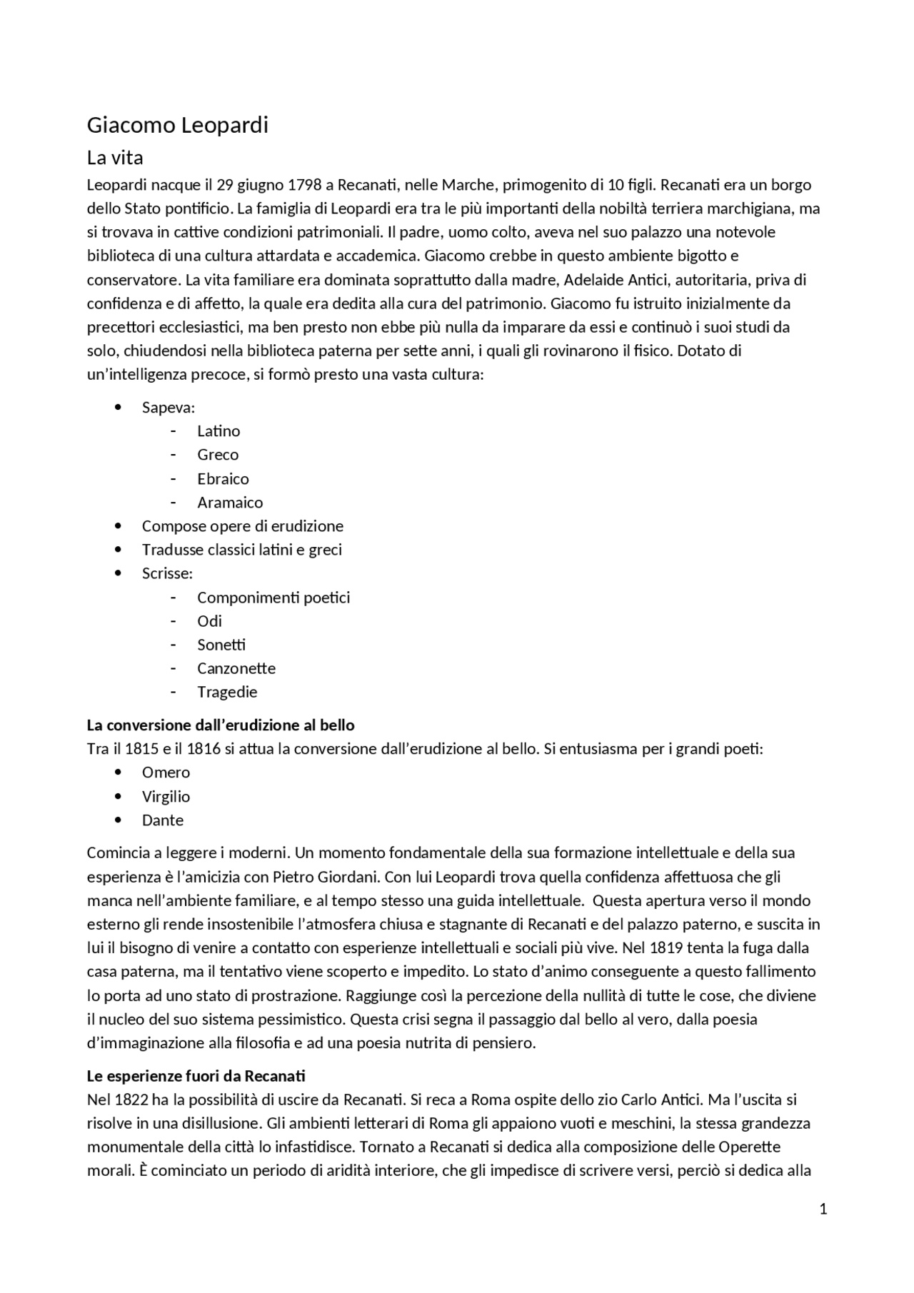 Schema completo riassuntivo su Leopardi - Docsity