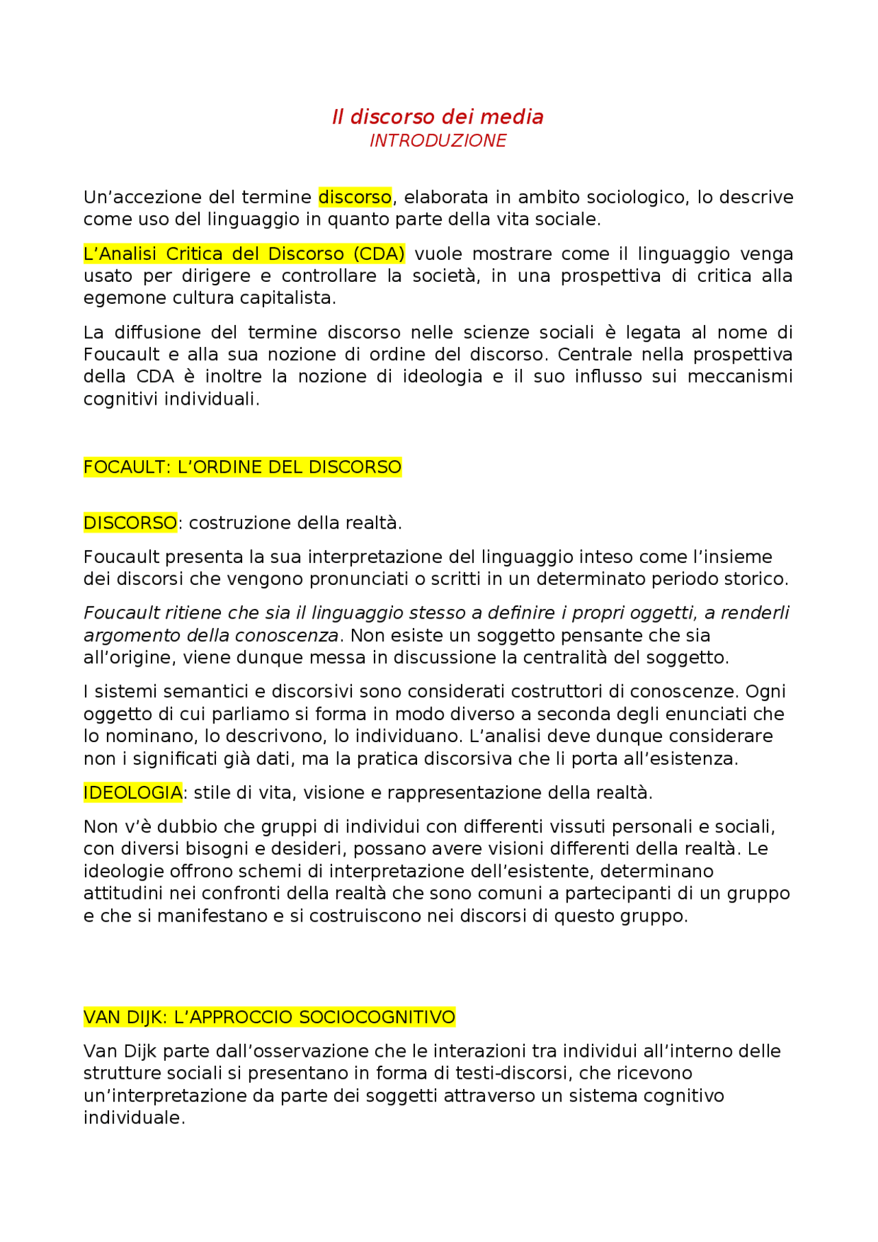 Il discorso dei media - Docsity