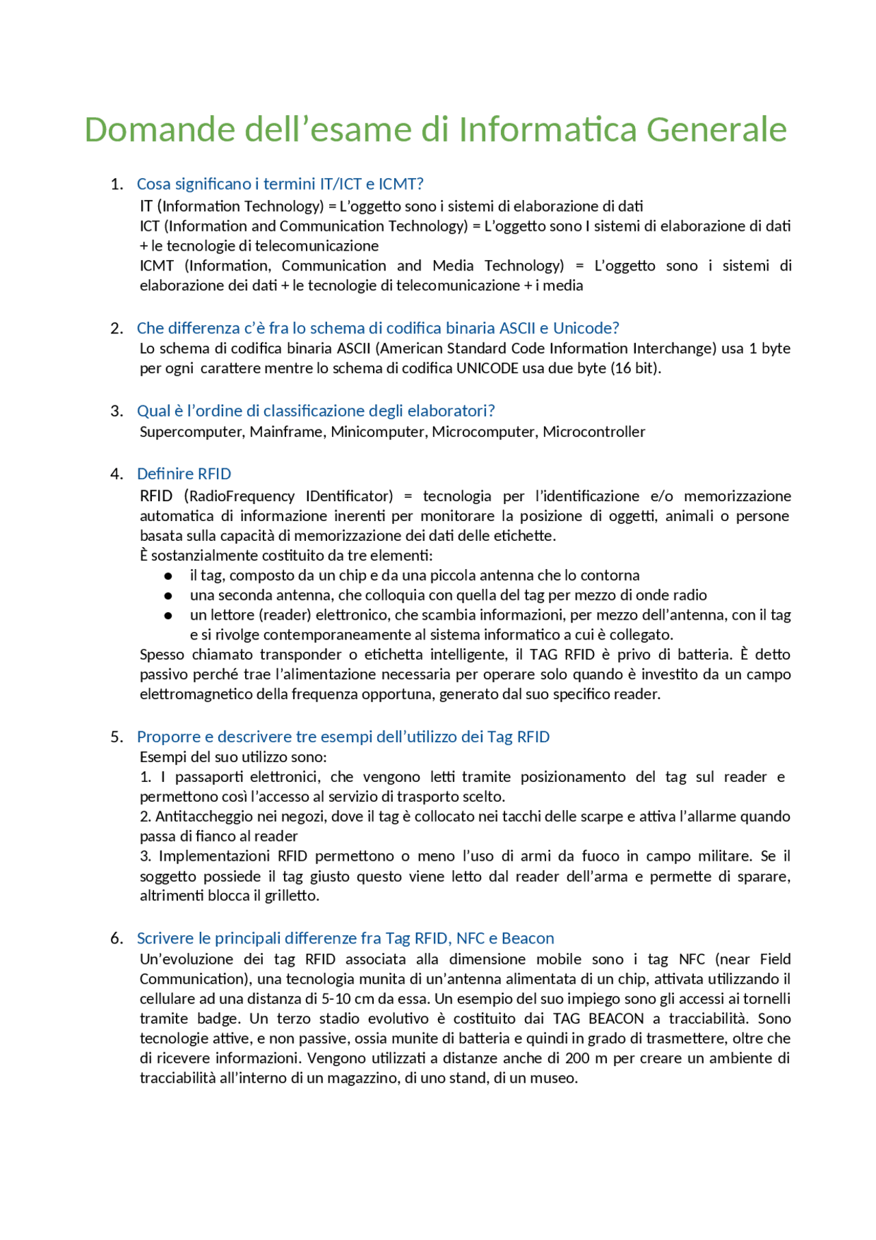 Domande Esame Informatica Generale Docsity
