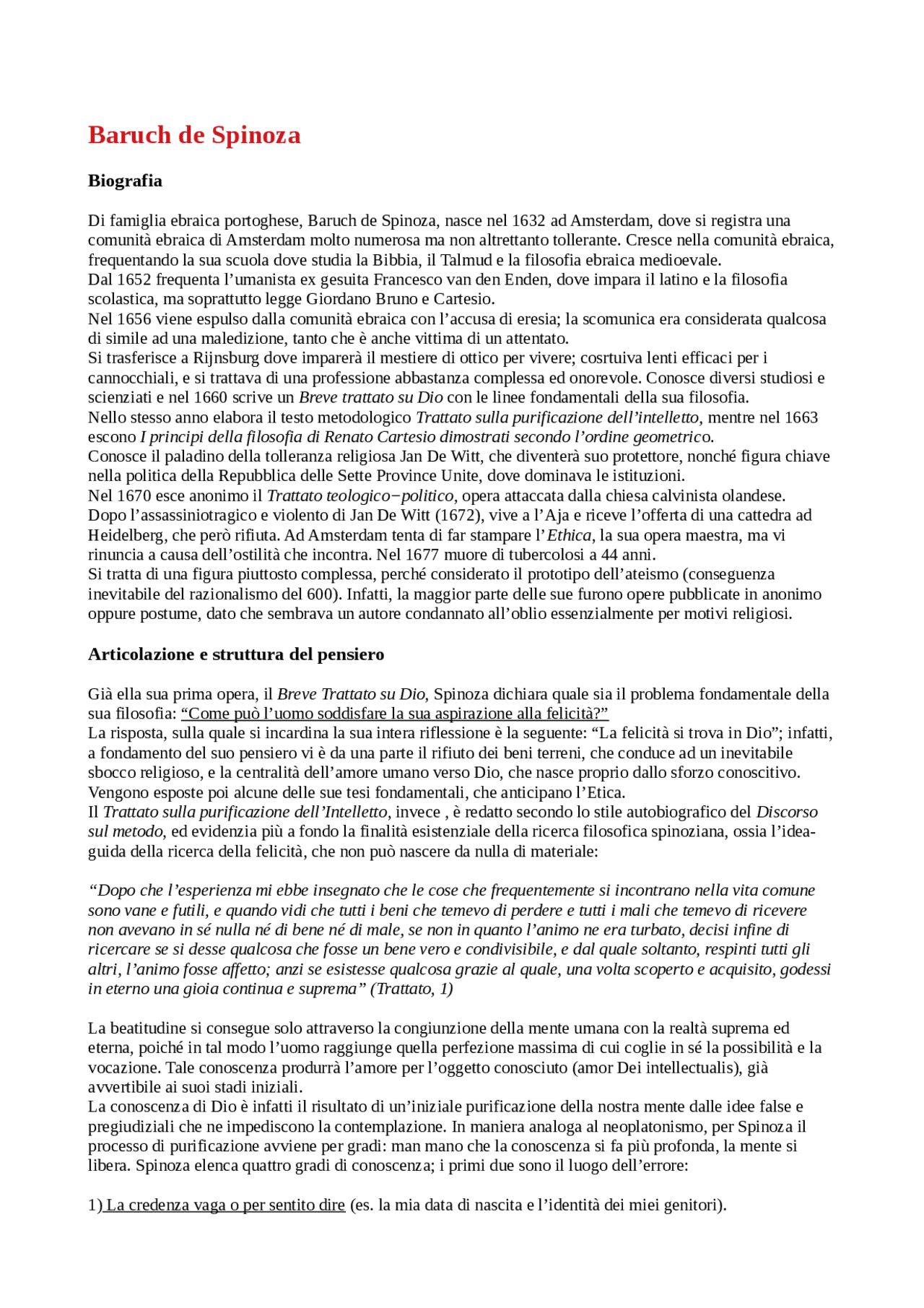 Spinoza Riassunto In Breve Docsity