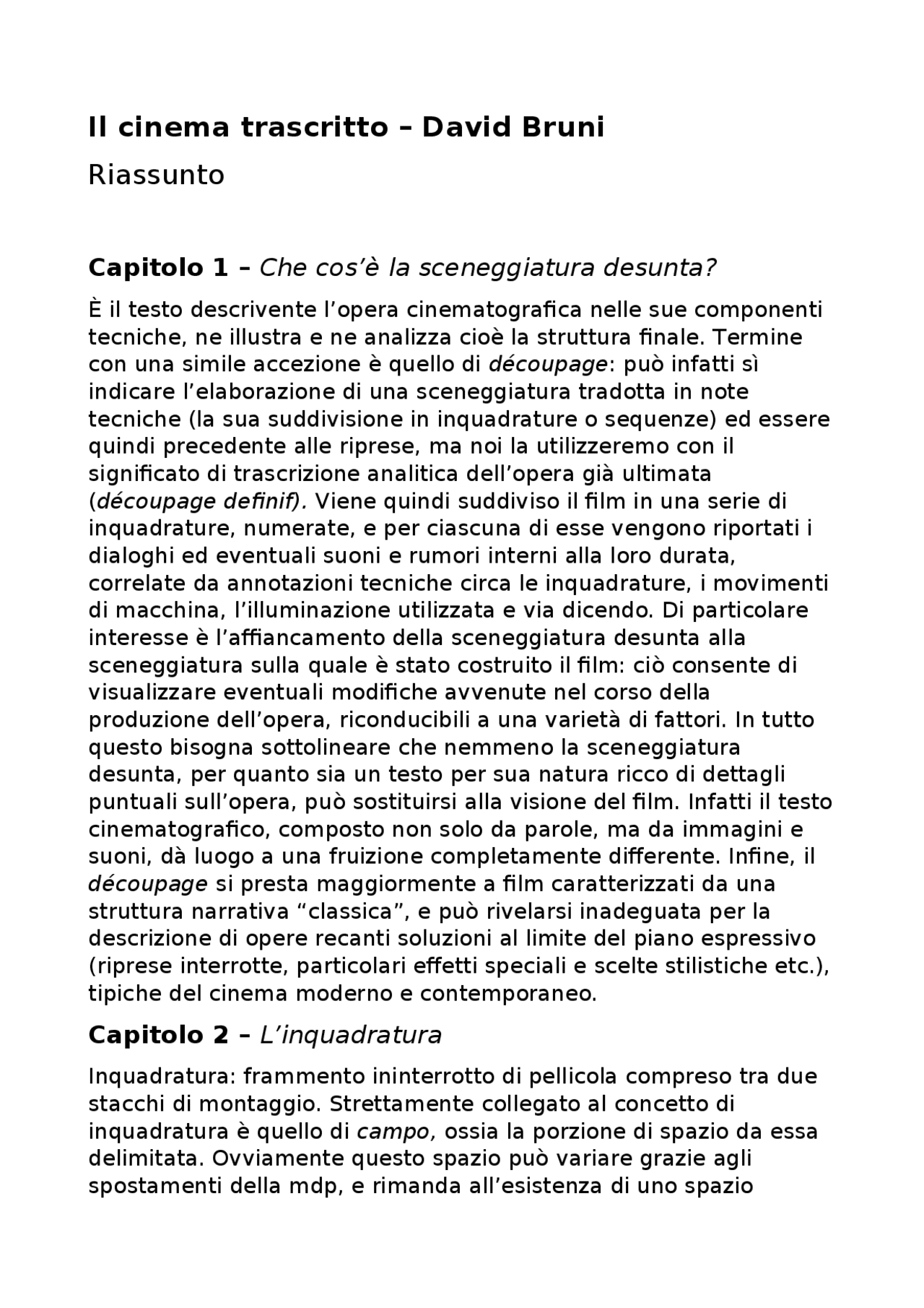 Il cinema trascritto - David Bruni - Docsity