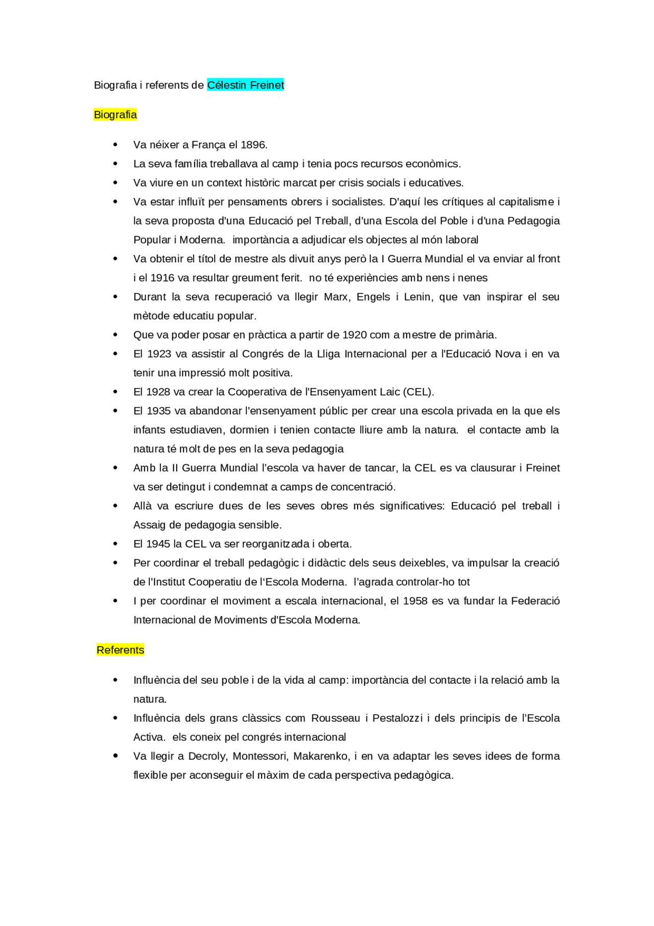 Biografia y referentes de Célestin Freinet - Docsity