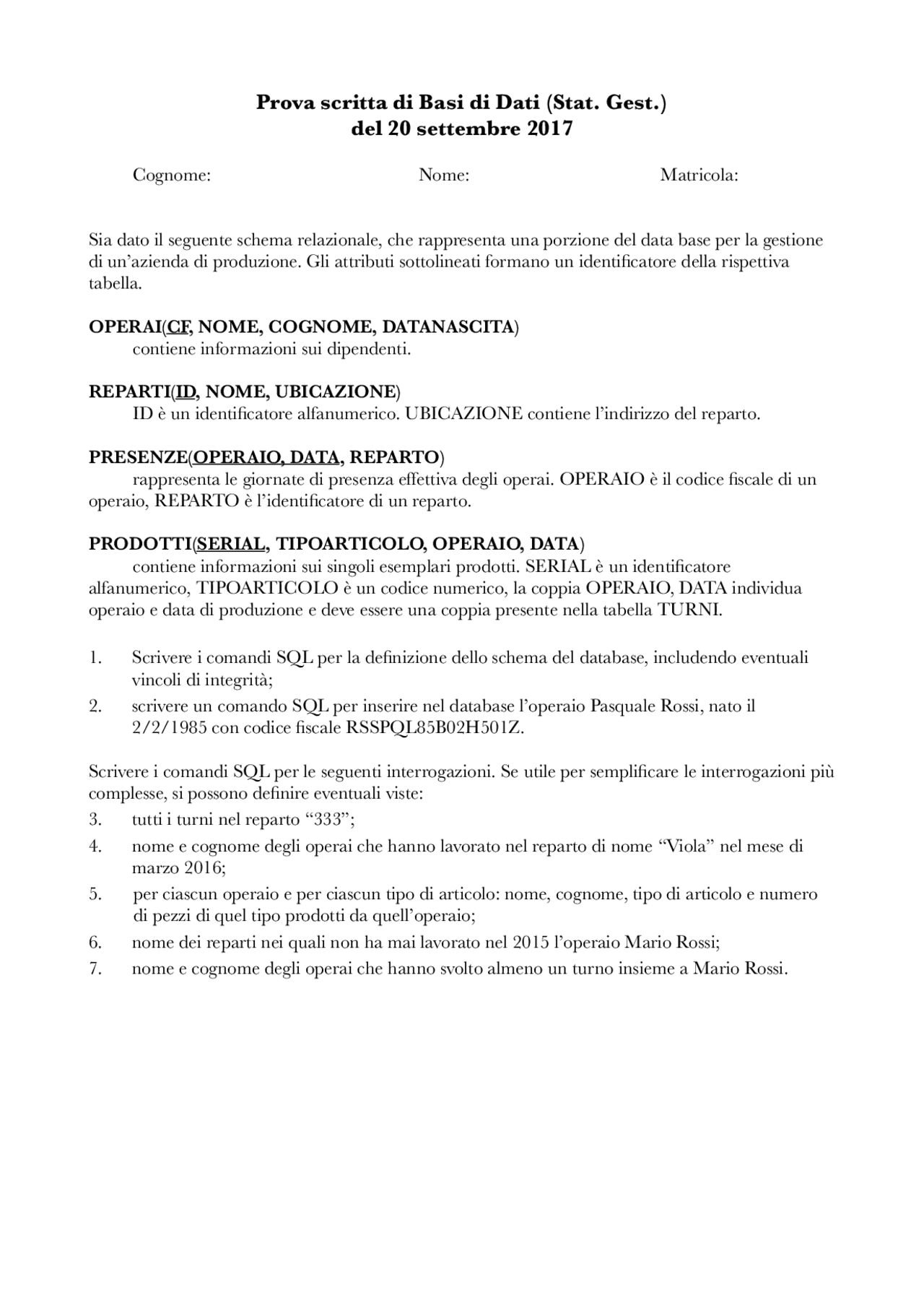 Esempio Esame Basi Di Dati Docsity
