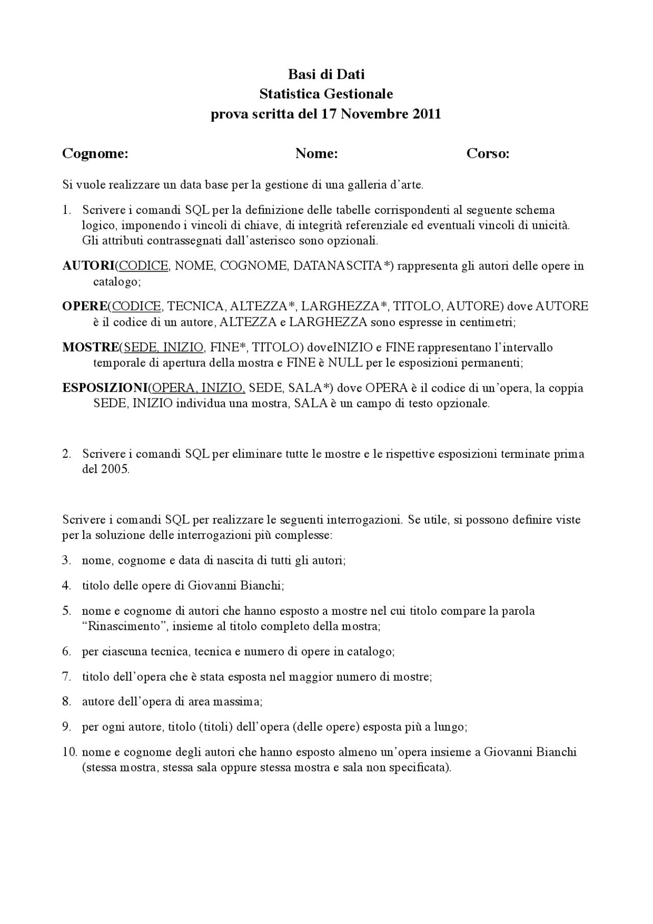Esempio Esame Basi Di Dati Docsity