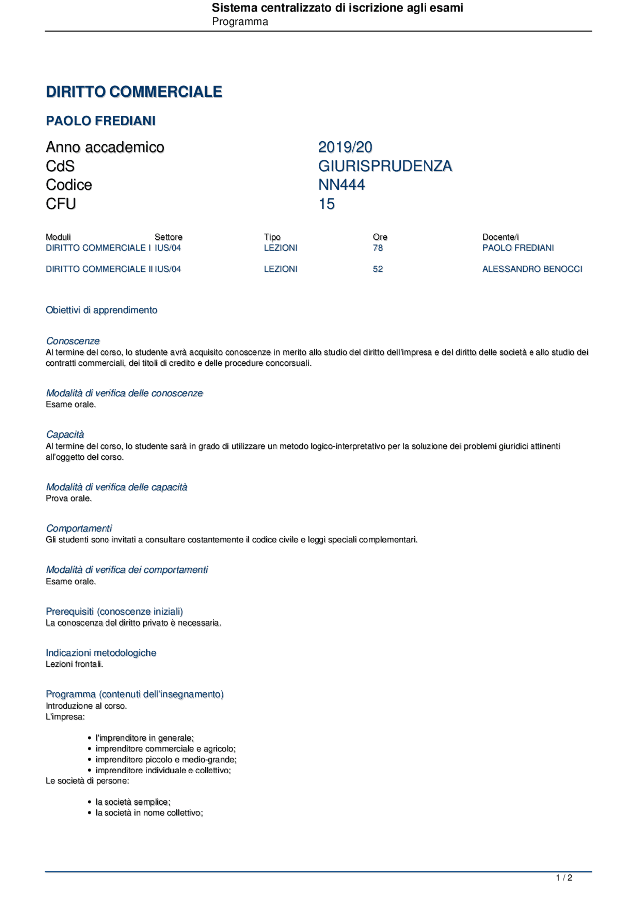 Programma diritto commerciale unipi - Docsity
