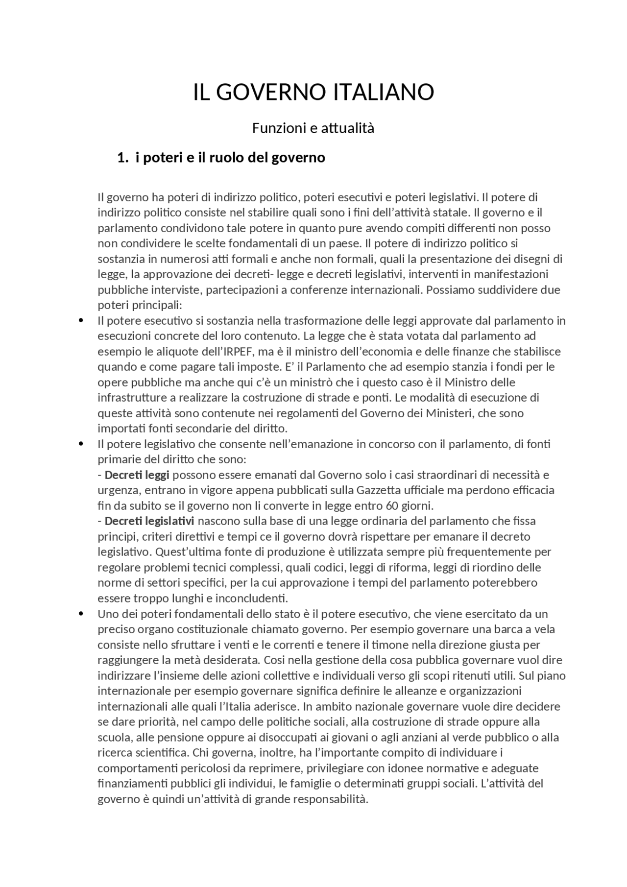 Il Governo Italiano, i poteri e il ruolo governativo - sintesi - Docsity