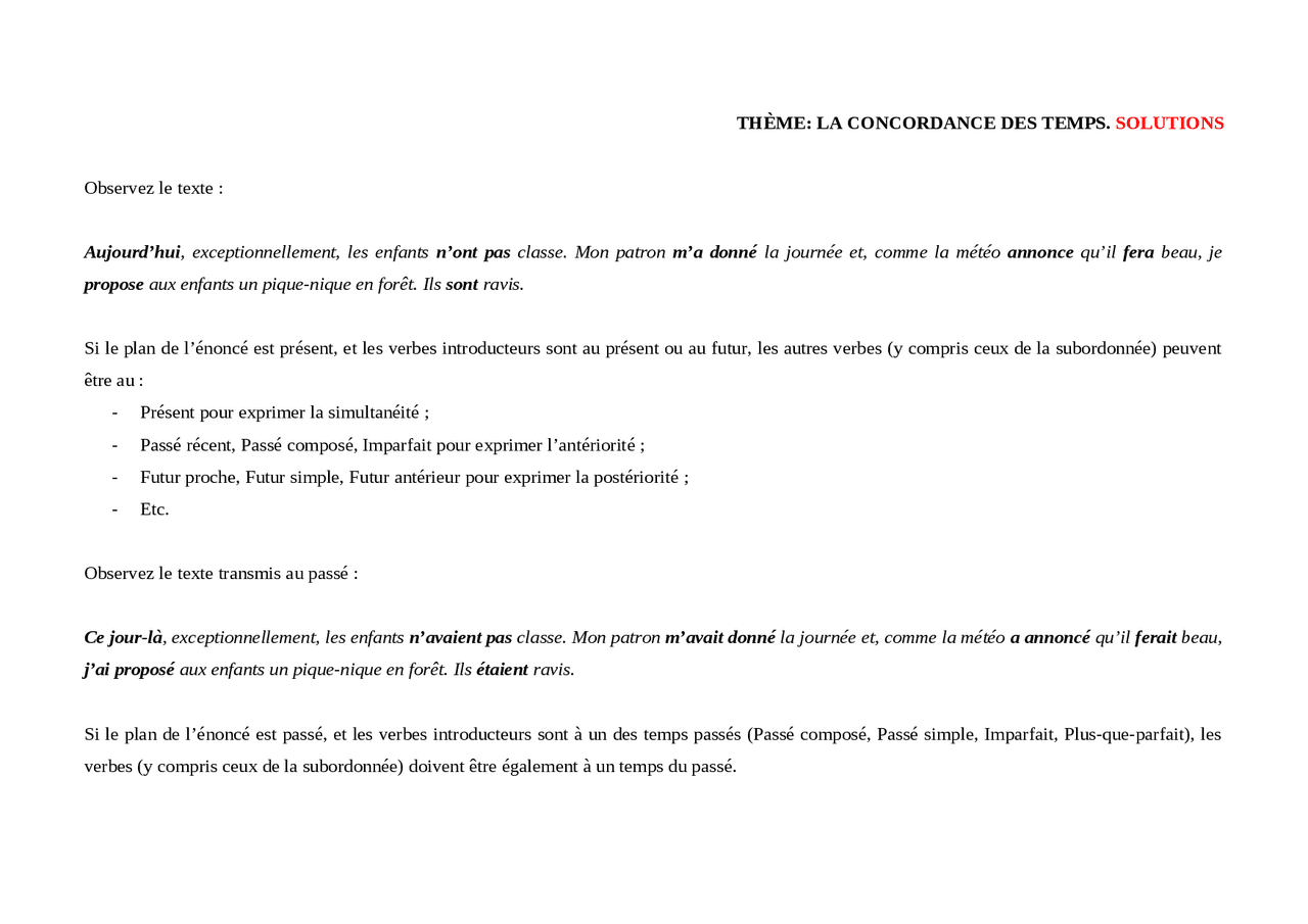 CONCORDANCE DES TEMPS EN FRANÇAIS - Docsity
