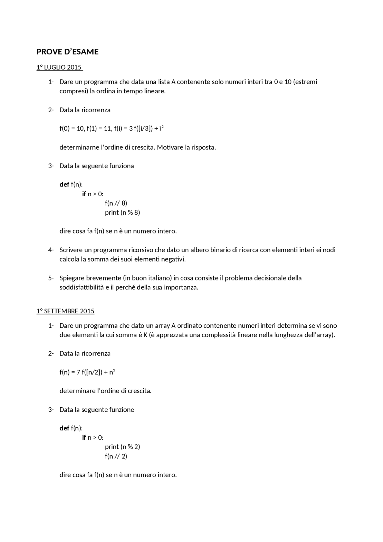 Prove Desame Di Algoritmica Informatica Umanistica Docsity