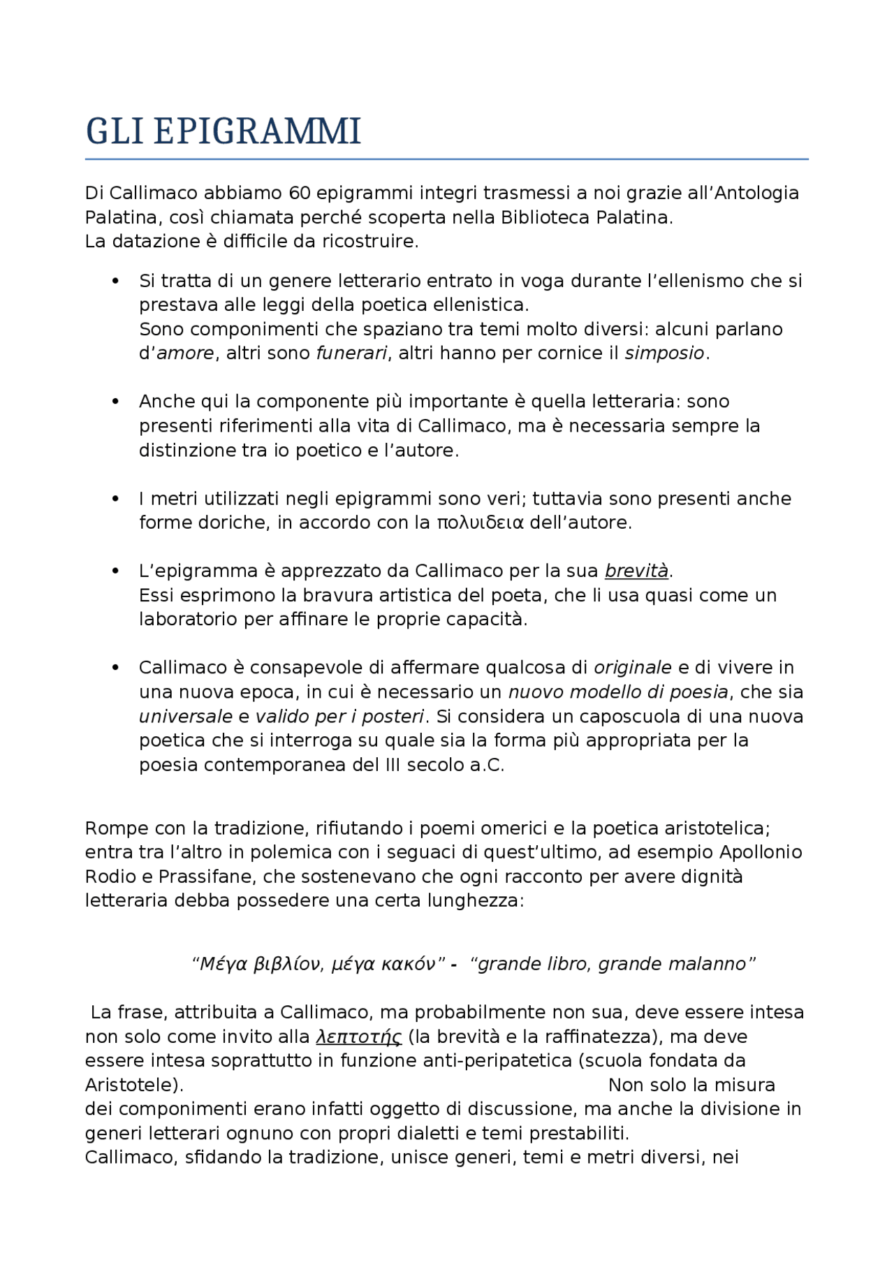 Gli Inni Di Callimaco Appunti Di Greco Docsity