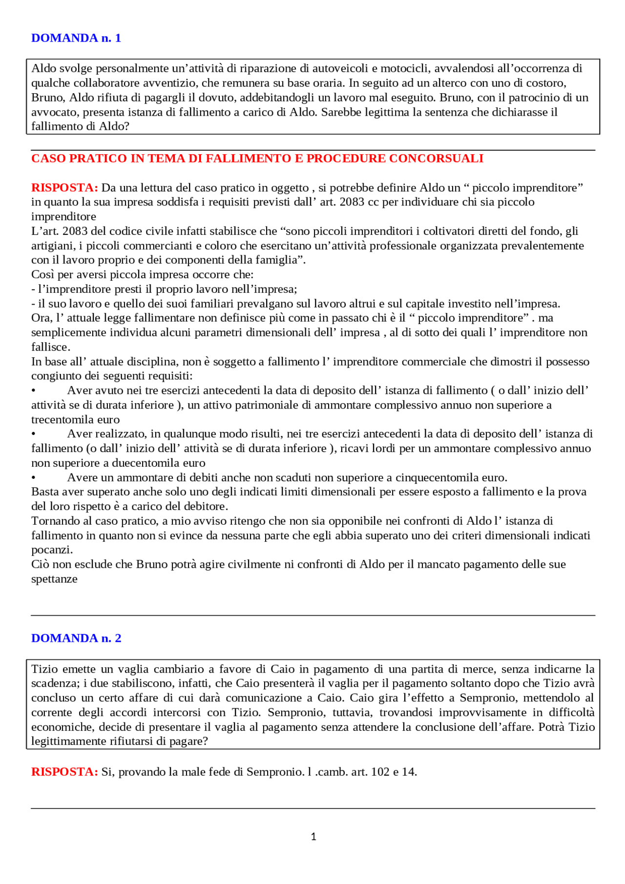 Prova Desame Di Diritto Commerciale Docsity