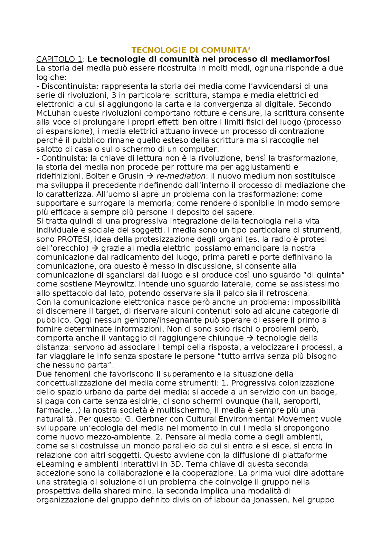 Riassunto Tecnologie Di Comunità Docsity