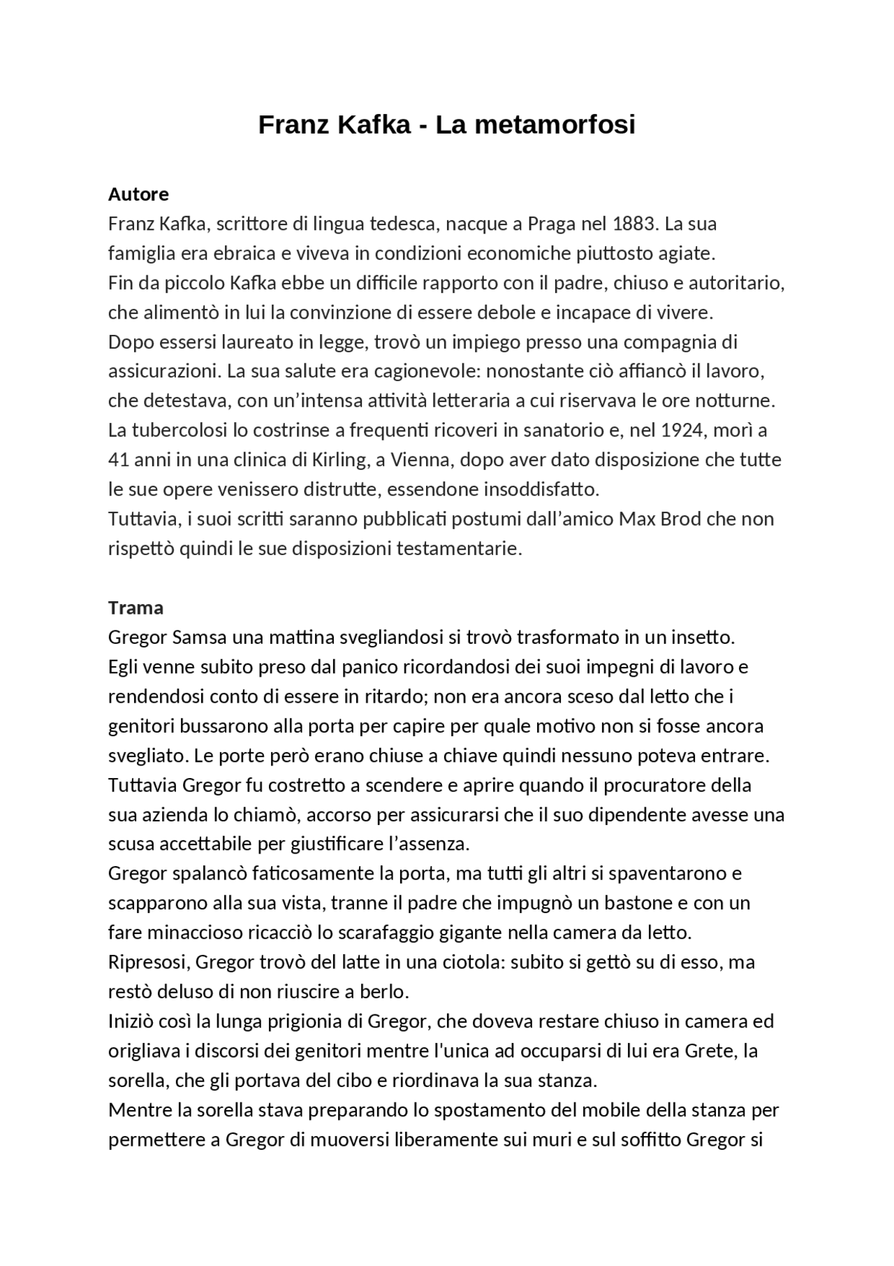Trama Del Libro La Metamorfosi Di Kafka Docsity