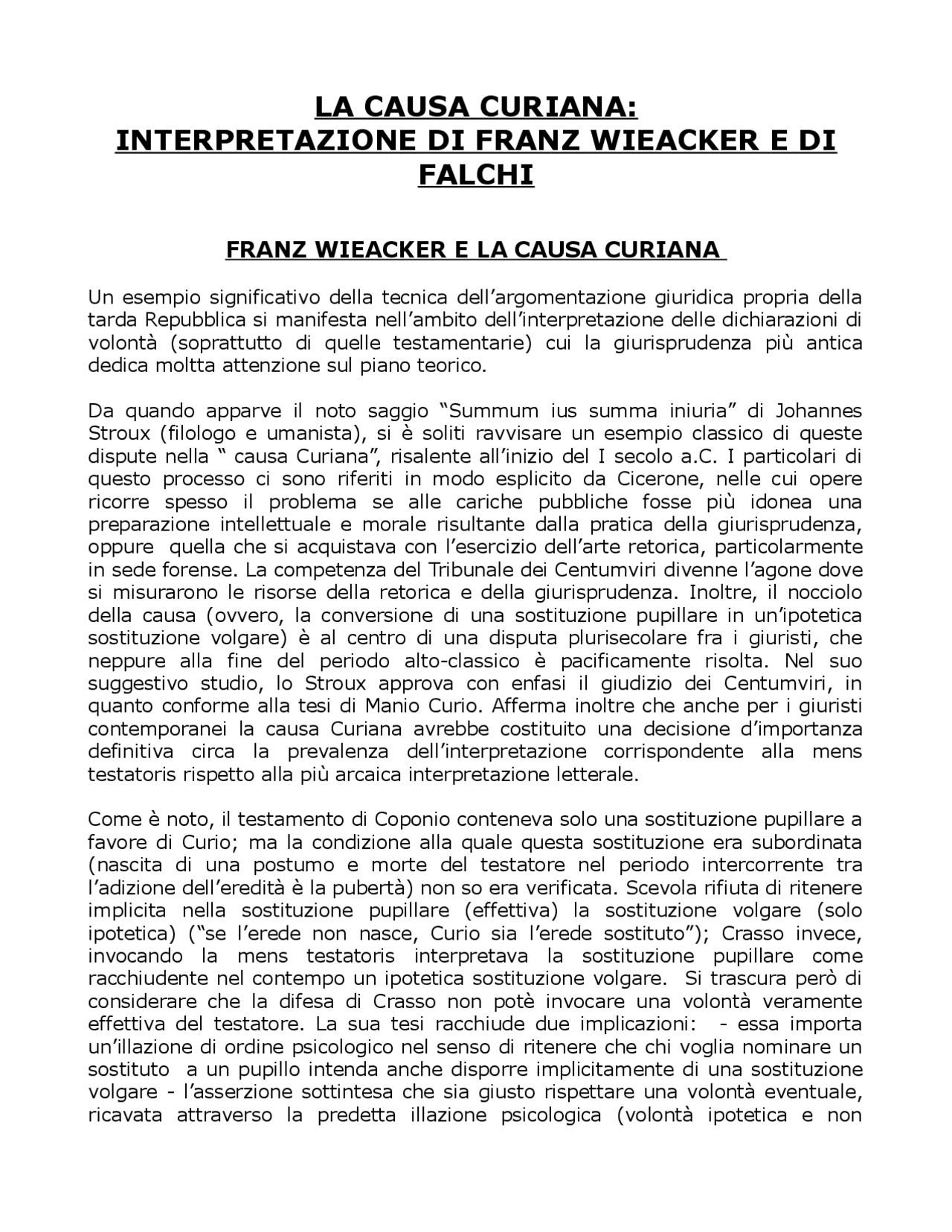 LA CAUSA CURIANA: INTERPRETAZIONE DI FRANZ WIEACKER E DI FALCHI ...