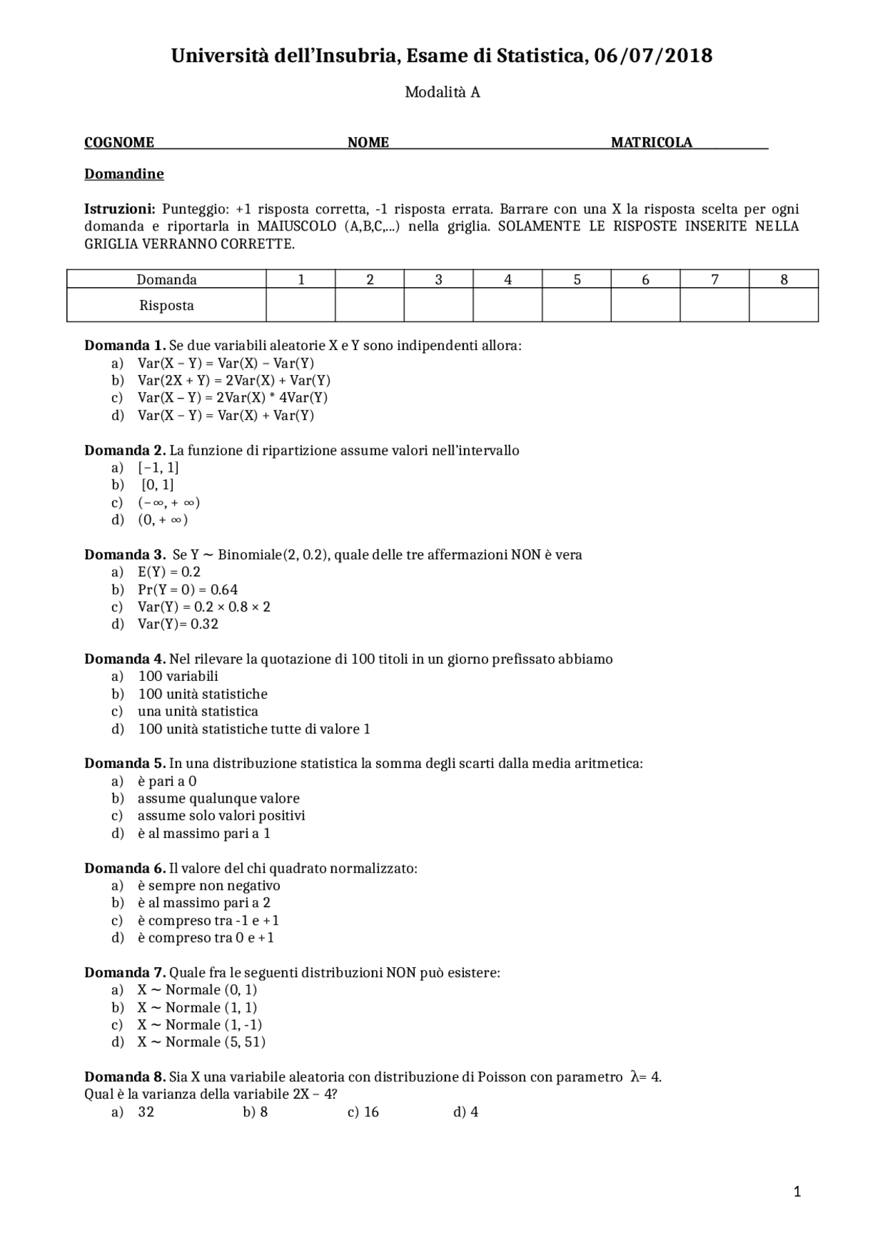 Esame Di Statistica Per Leconomia Docsity