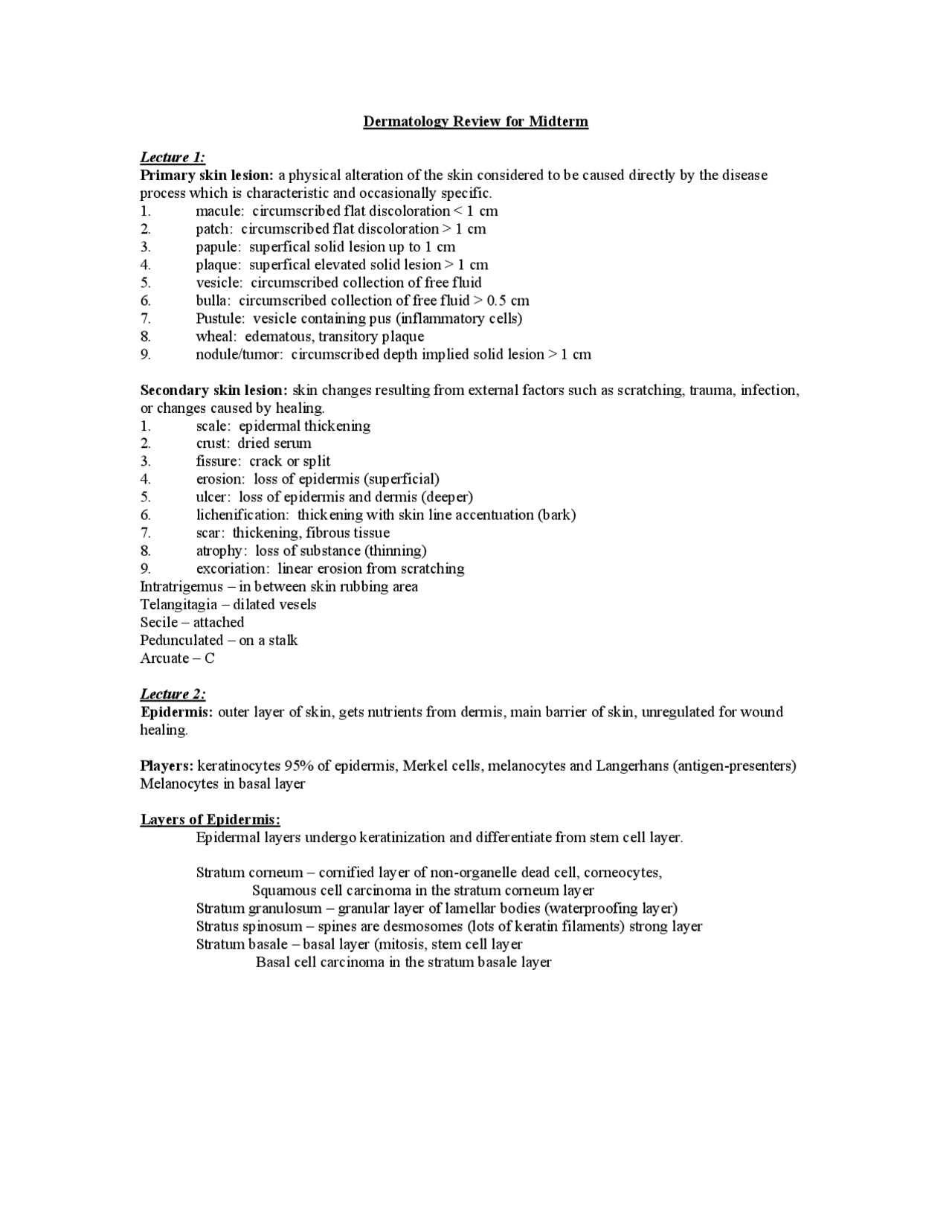 Dermatology Final Review - Docsity