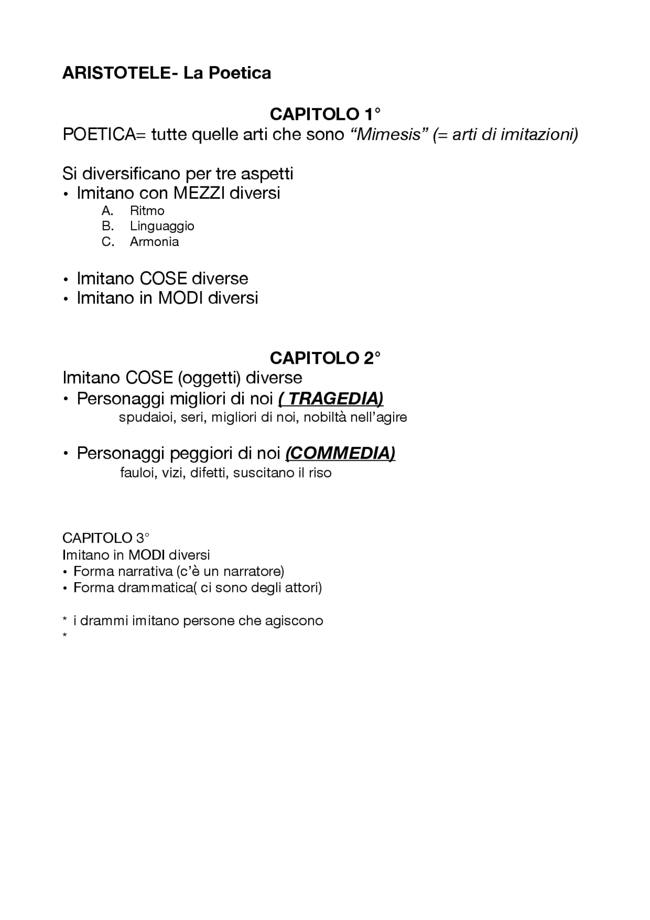 Schema Riassuntivo Contenuti Dell Opera Poetica Di Aristotele Docsity
