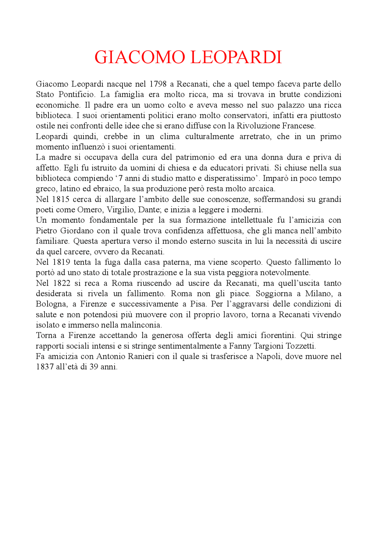 Giacomo Leopardi (1798-1837) - Docsity