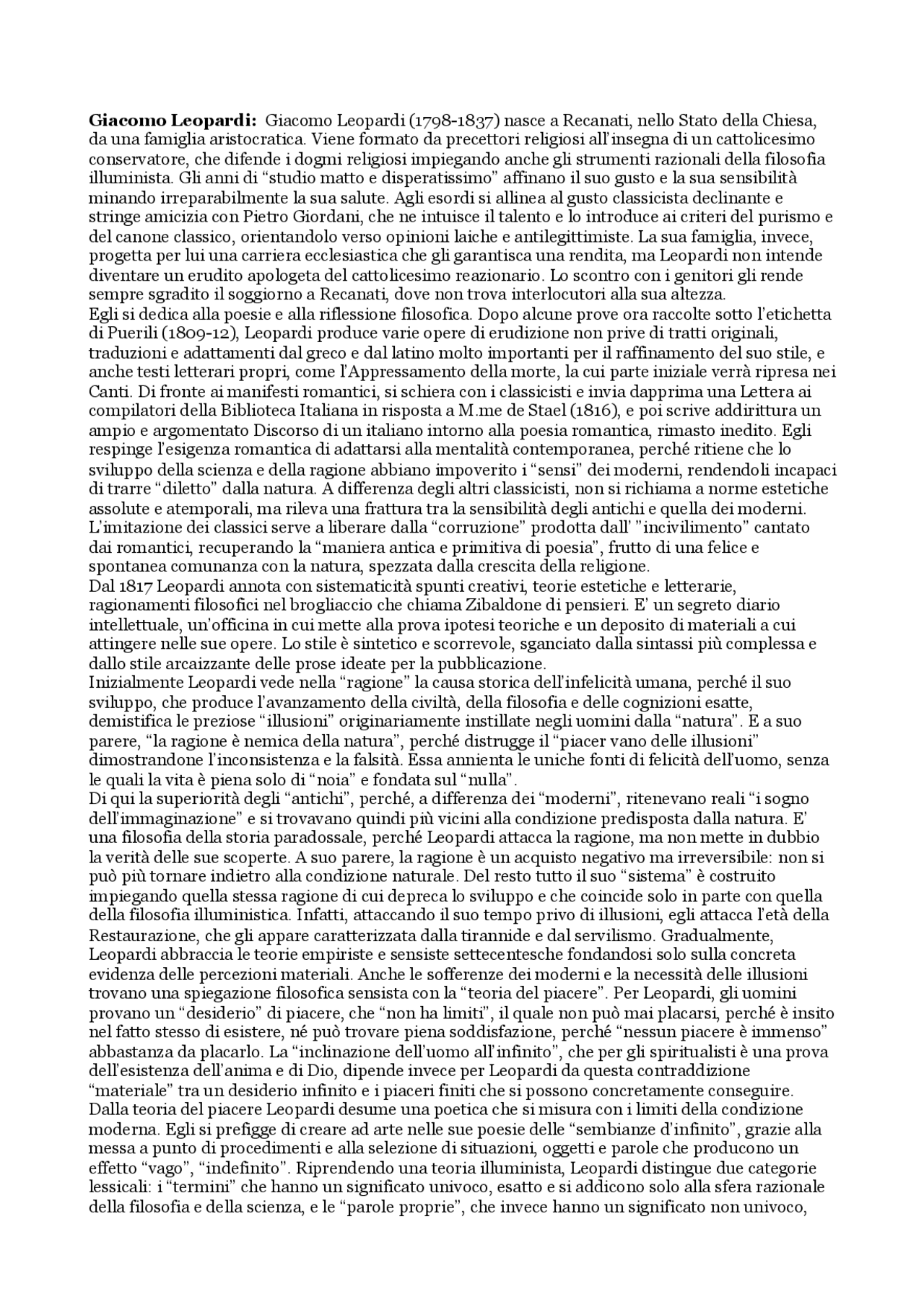 Giacomo Leopardi biografia ed opere - Docsity