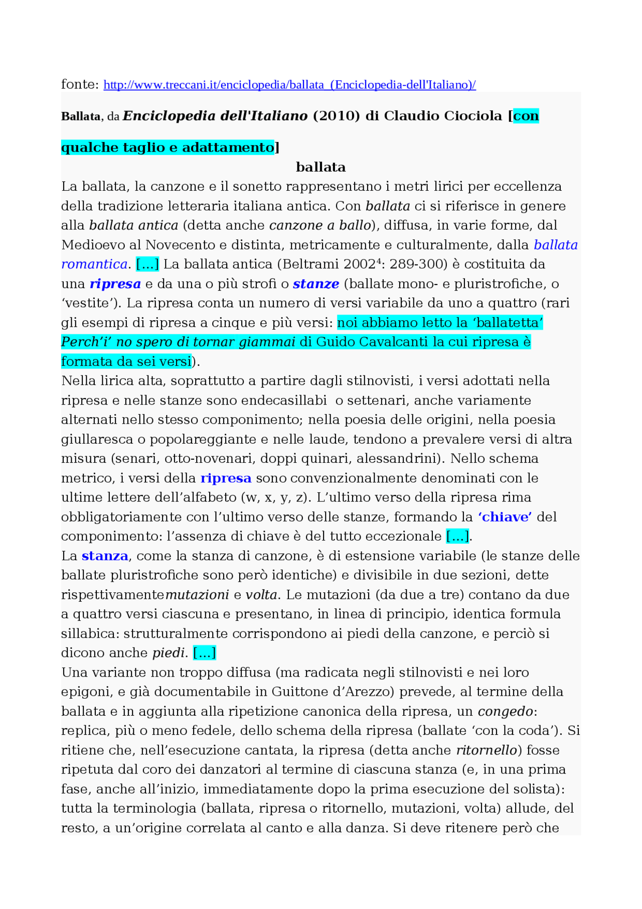 ballata metrica prof toscano | Apuntes de Literatura Italiana | Docsity