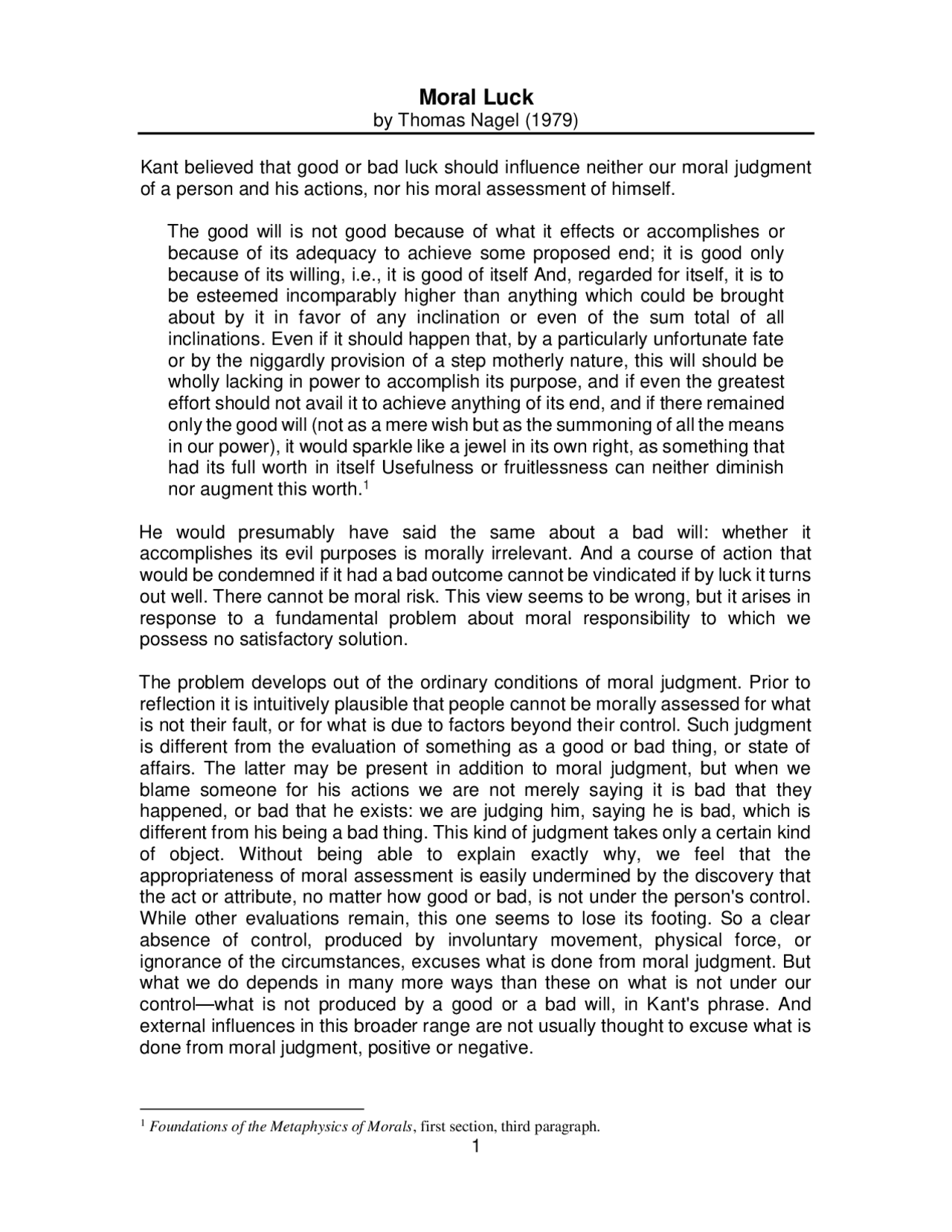 Thomas Nagel, Moral luck - Docsity