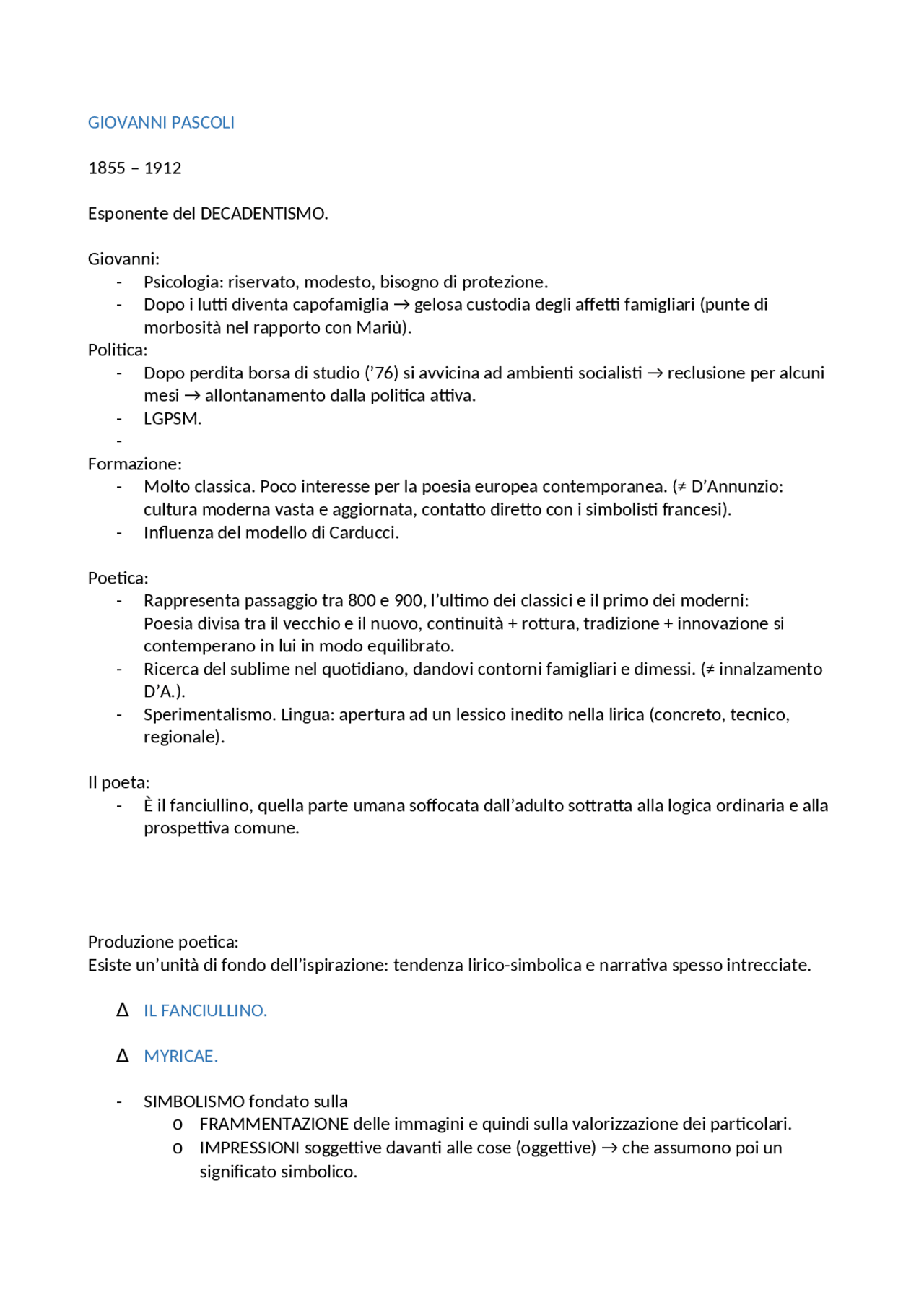 G Pascoli Riassunto Schematico Docsity