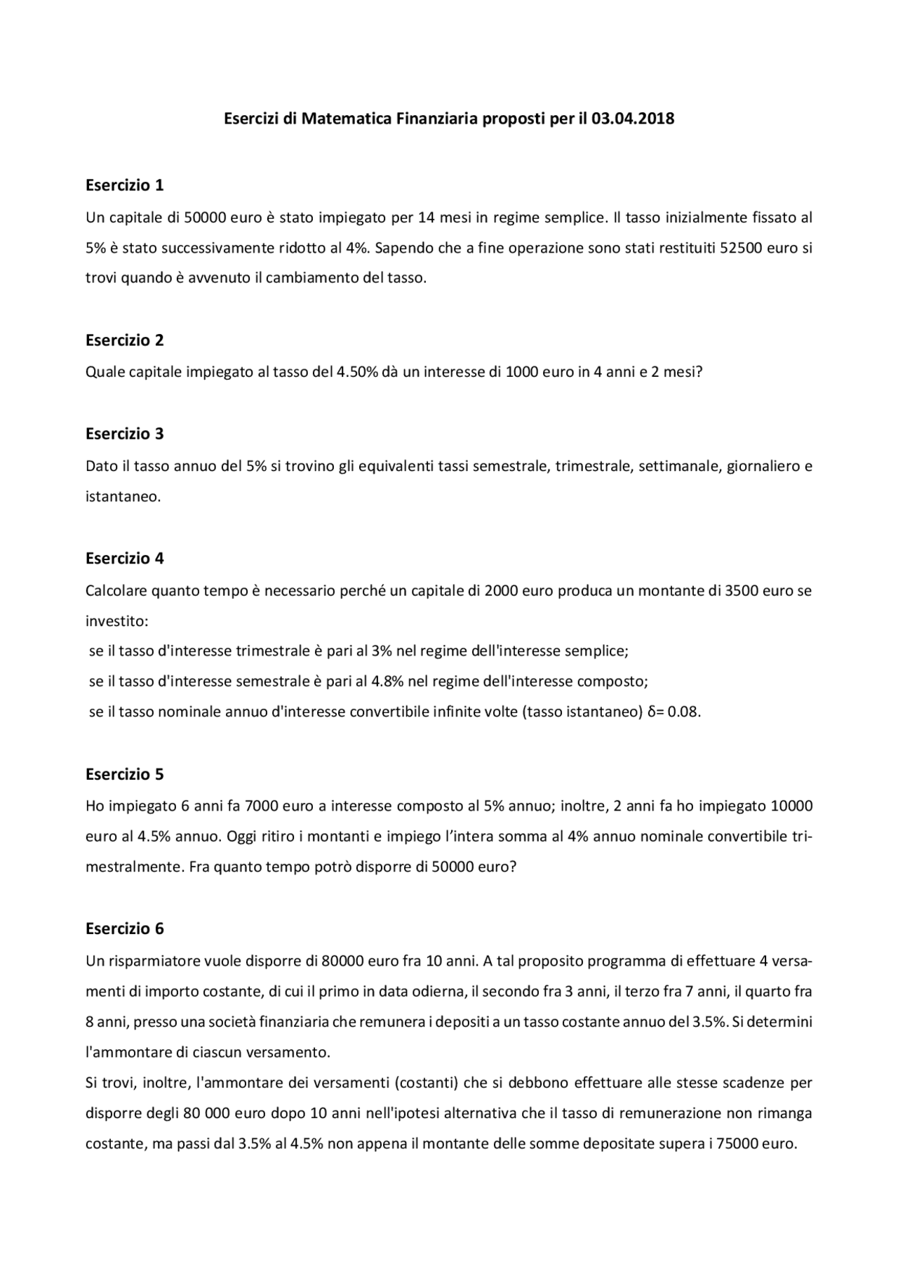 Esercizi di Matematica Finanziaria proposti n3 - Docsity