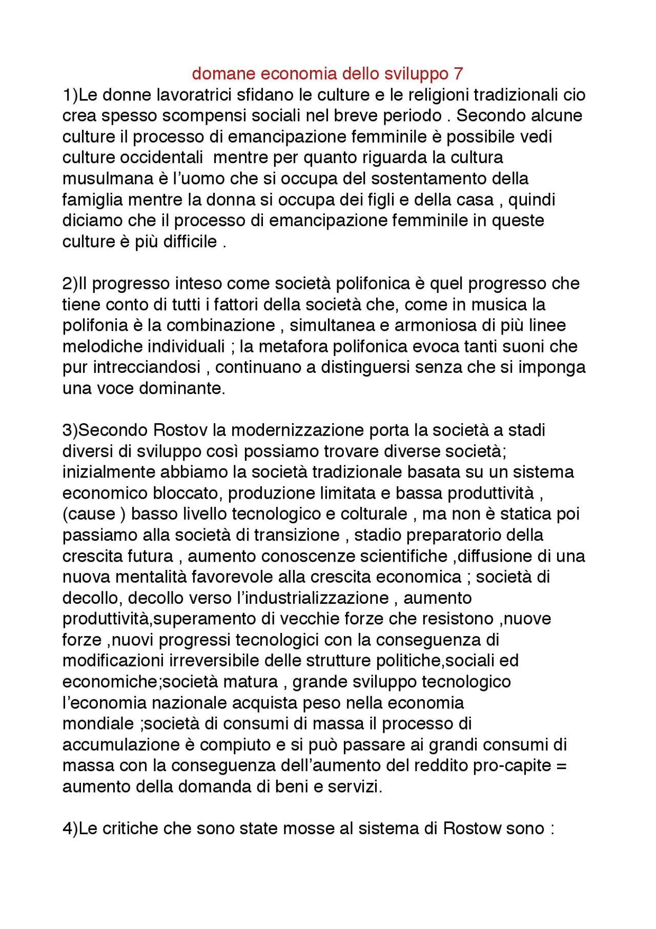 Economia dello sviluppo risposte domande lezione 7 - Docsity
