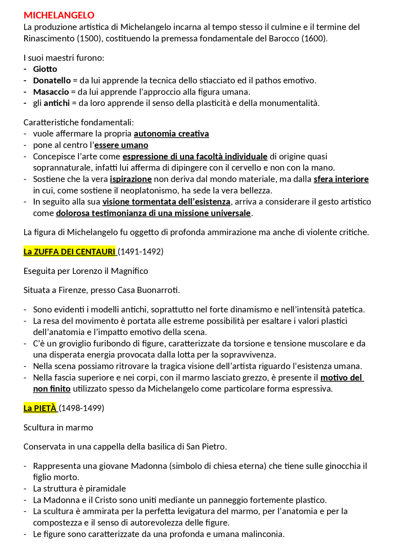 Appunti Su Michelangelo Buonarroti Docsity