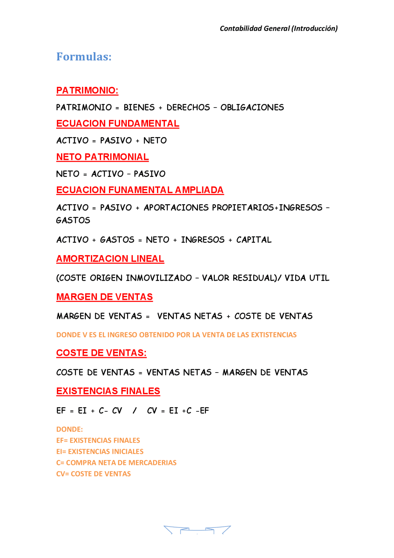 Fórmulas de Contabilidad Básica | Apuntes de Contabilidad | Docsity