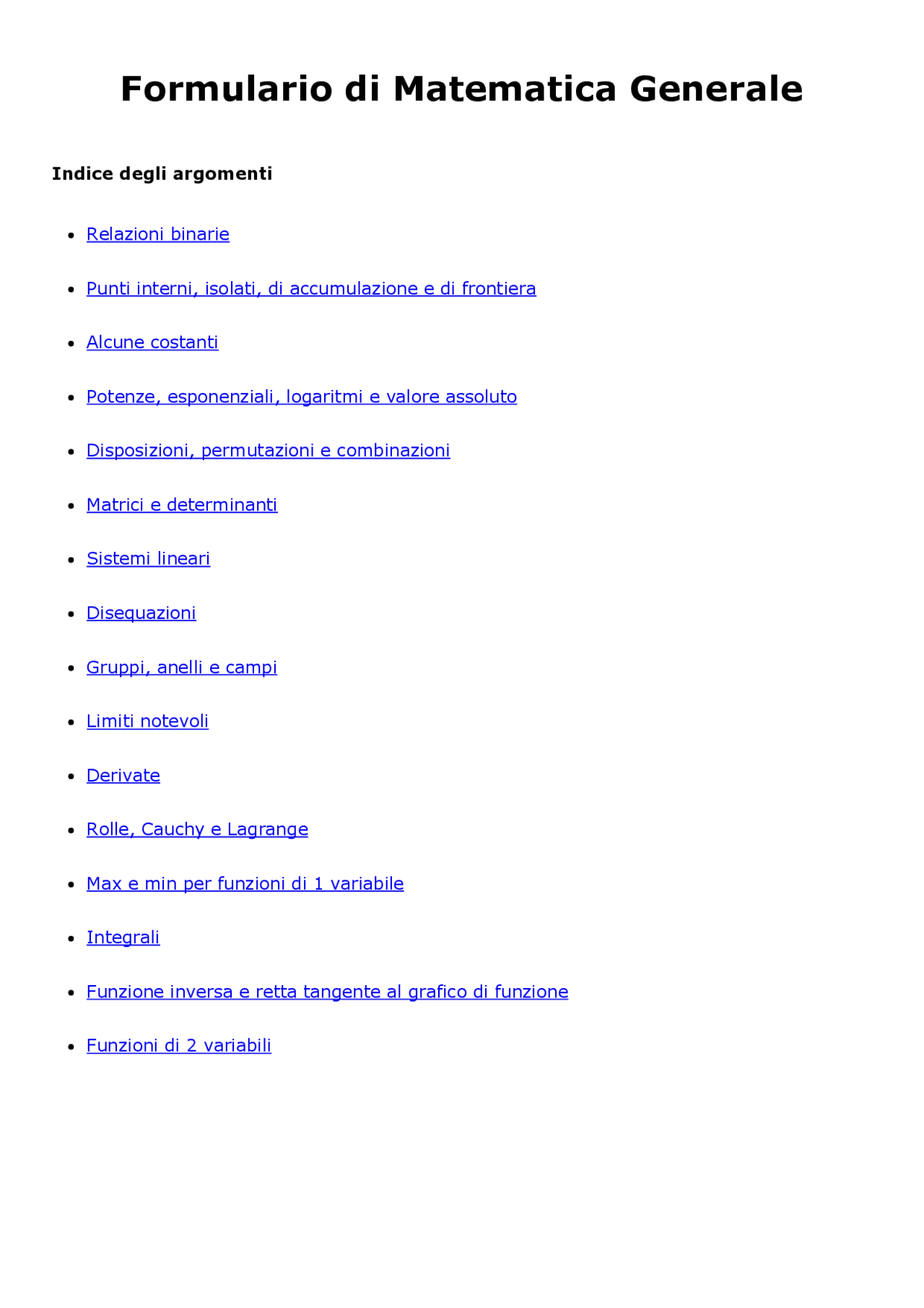 Formulario Dettagliato Di Matematica Generale Formulari Di Matematica Generale Docsity