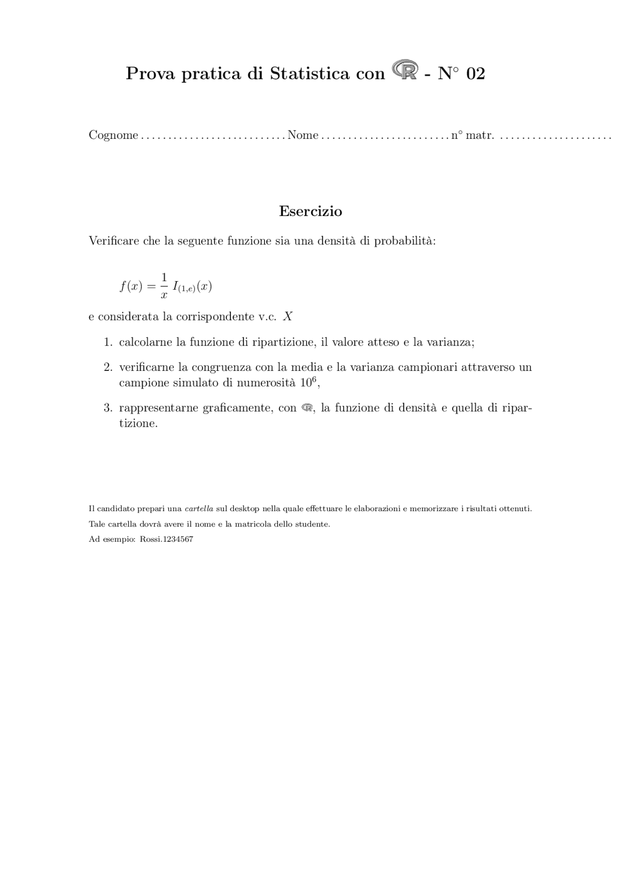 Esercizio sul programma al computer chiamato R per grafici statistici ...