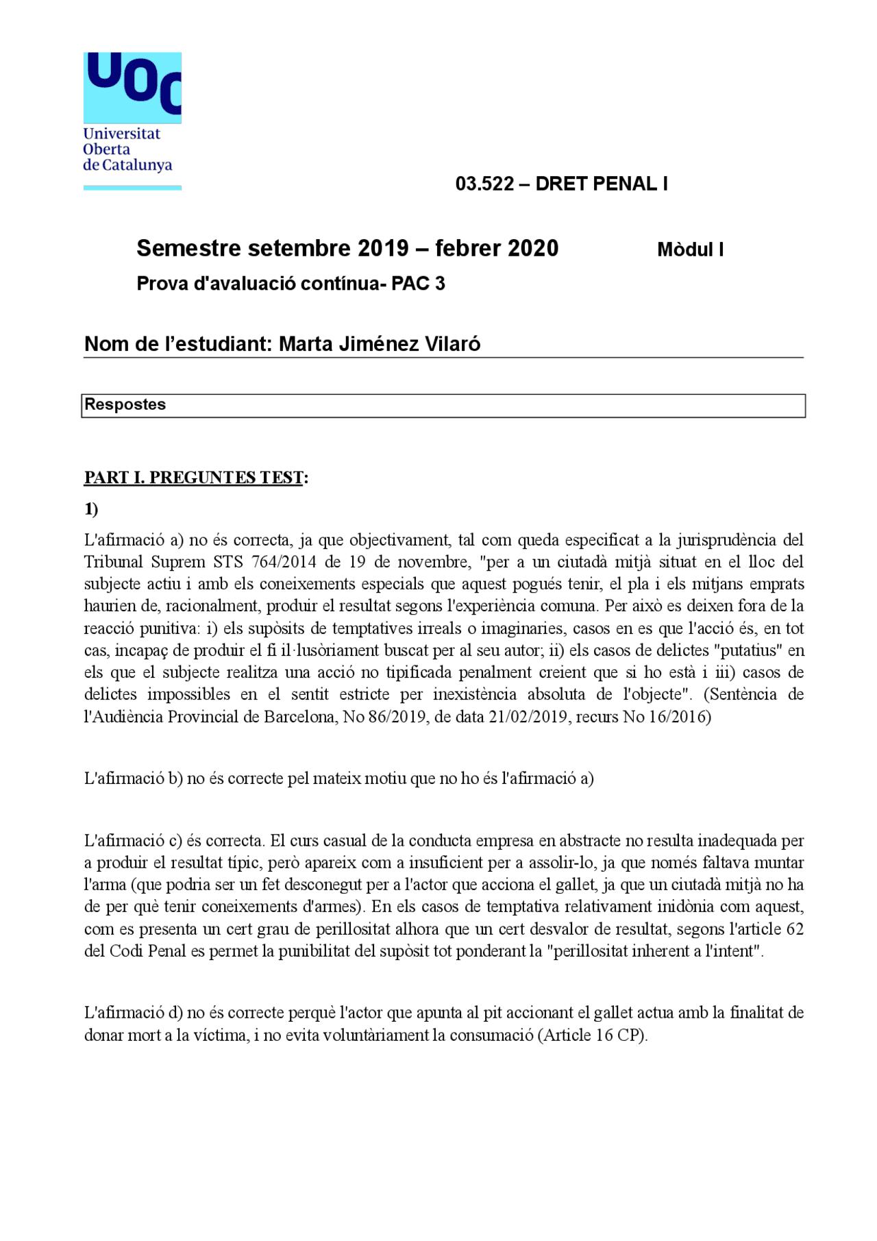 Pac 3 Dret Penal I Curs 2019 2020 Docsity