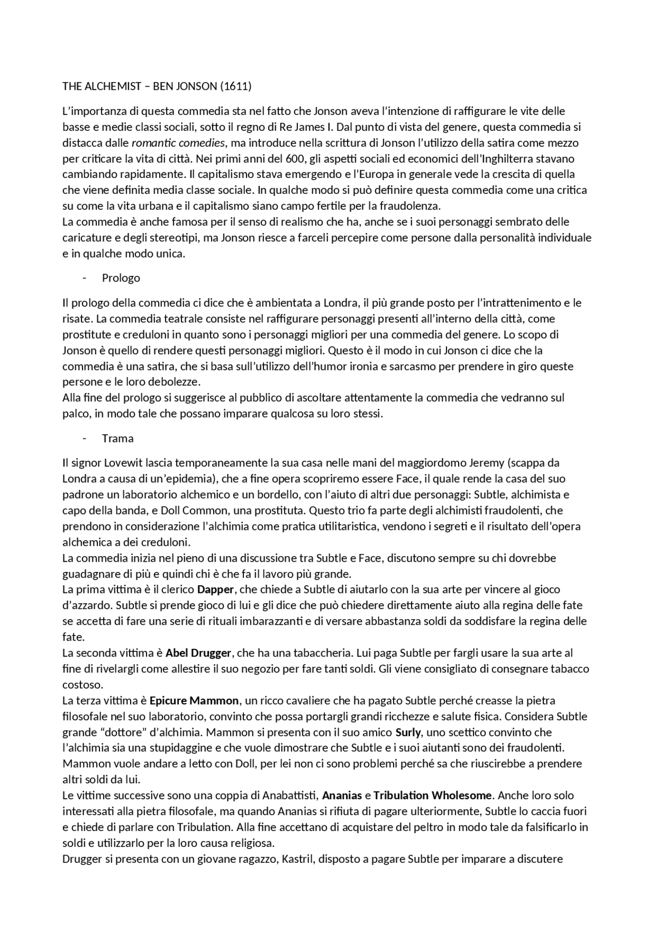 The Alchemist - Ben Jonson - Docsity