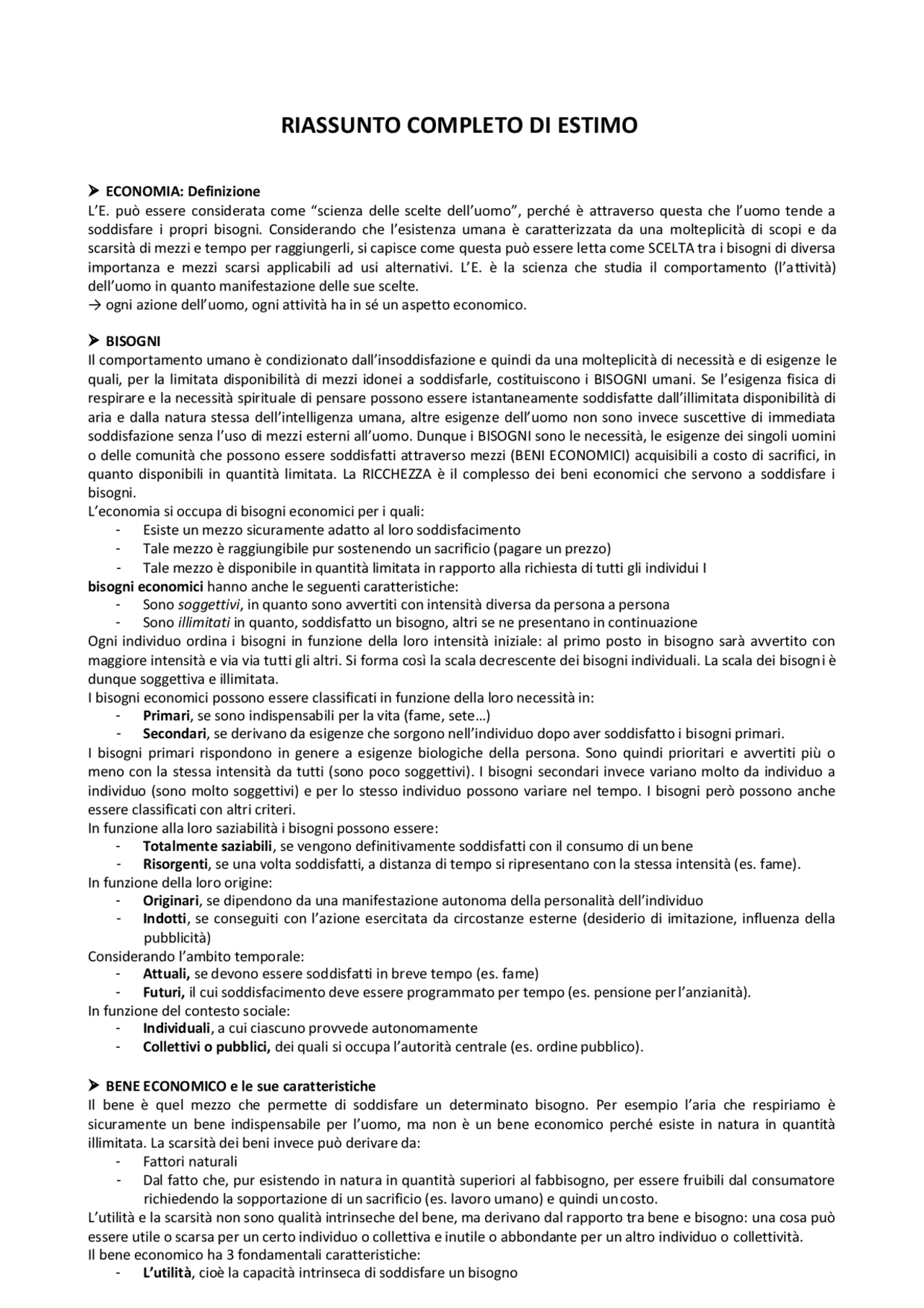 Riassunto Completo Per Lesame Di Estimo Prof Campo Docsity