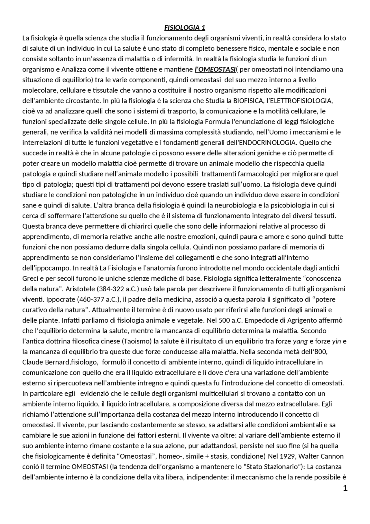 Introduzione Fisiologia Notes De Pysiologie Docsity