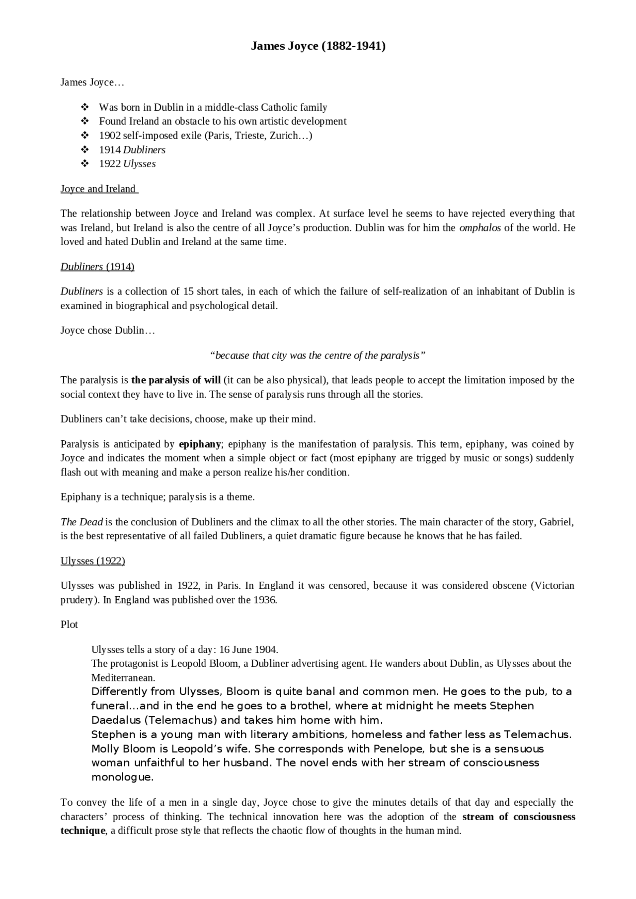 Schema Riassuntivo James Joyce Docsity