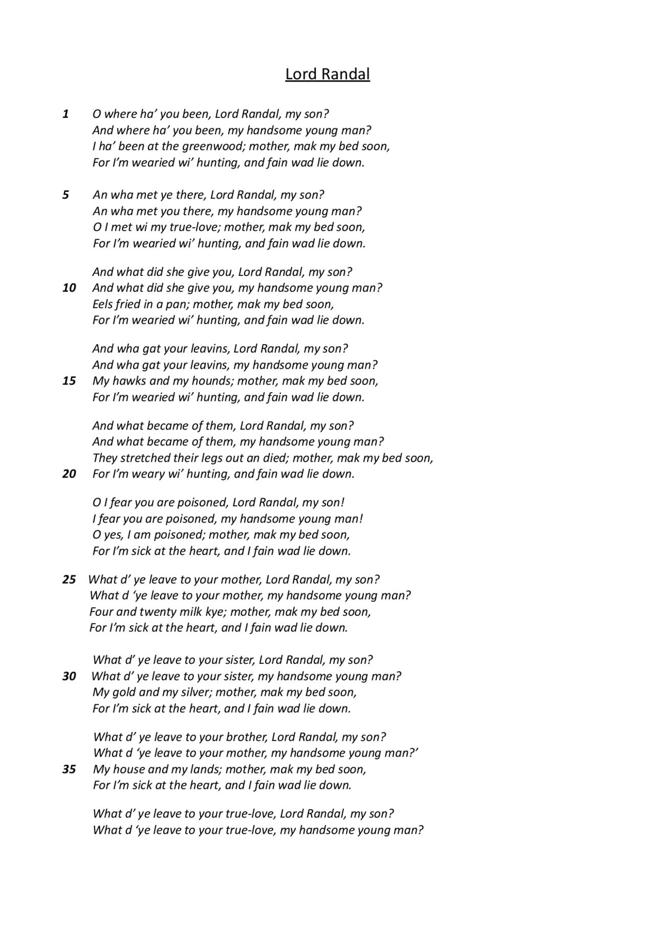 Testo e Traduzione Lord Randal - Docsity