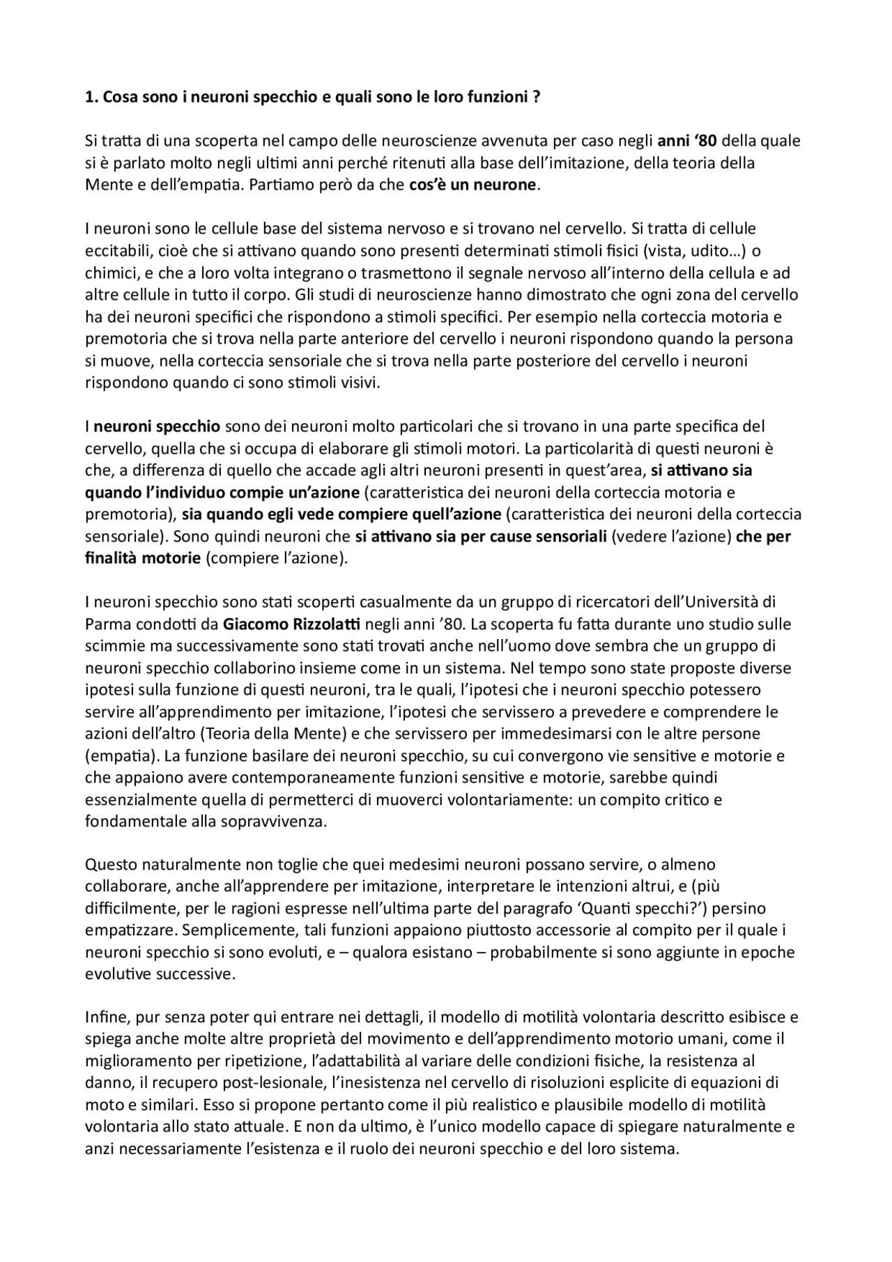 Sintesi: neuroni specchio, simulazione incarnata e concetto di ...