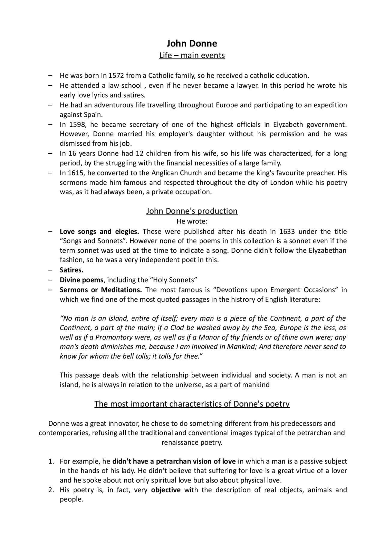 John Donne Brief Summary Docsity
