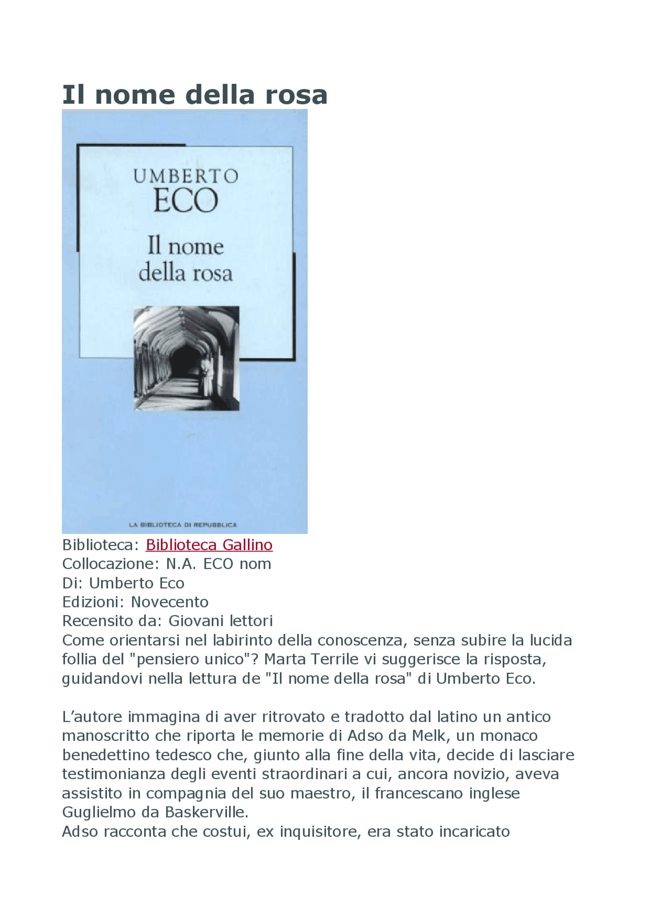 Il nome della rosa libro fenomenale - Docsity