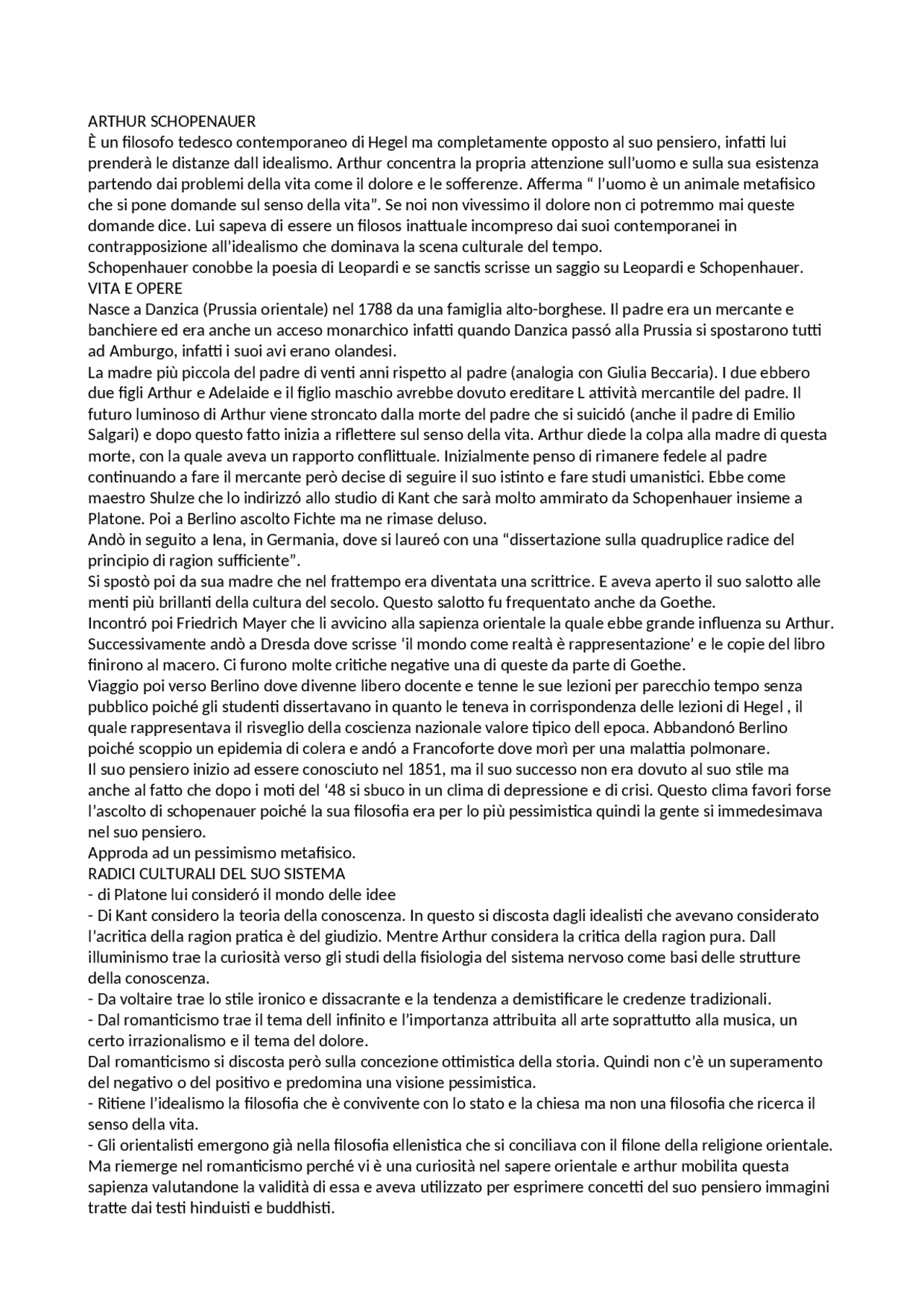 Schopenhauer Filosofo E Pensatore Docsity