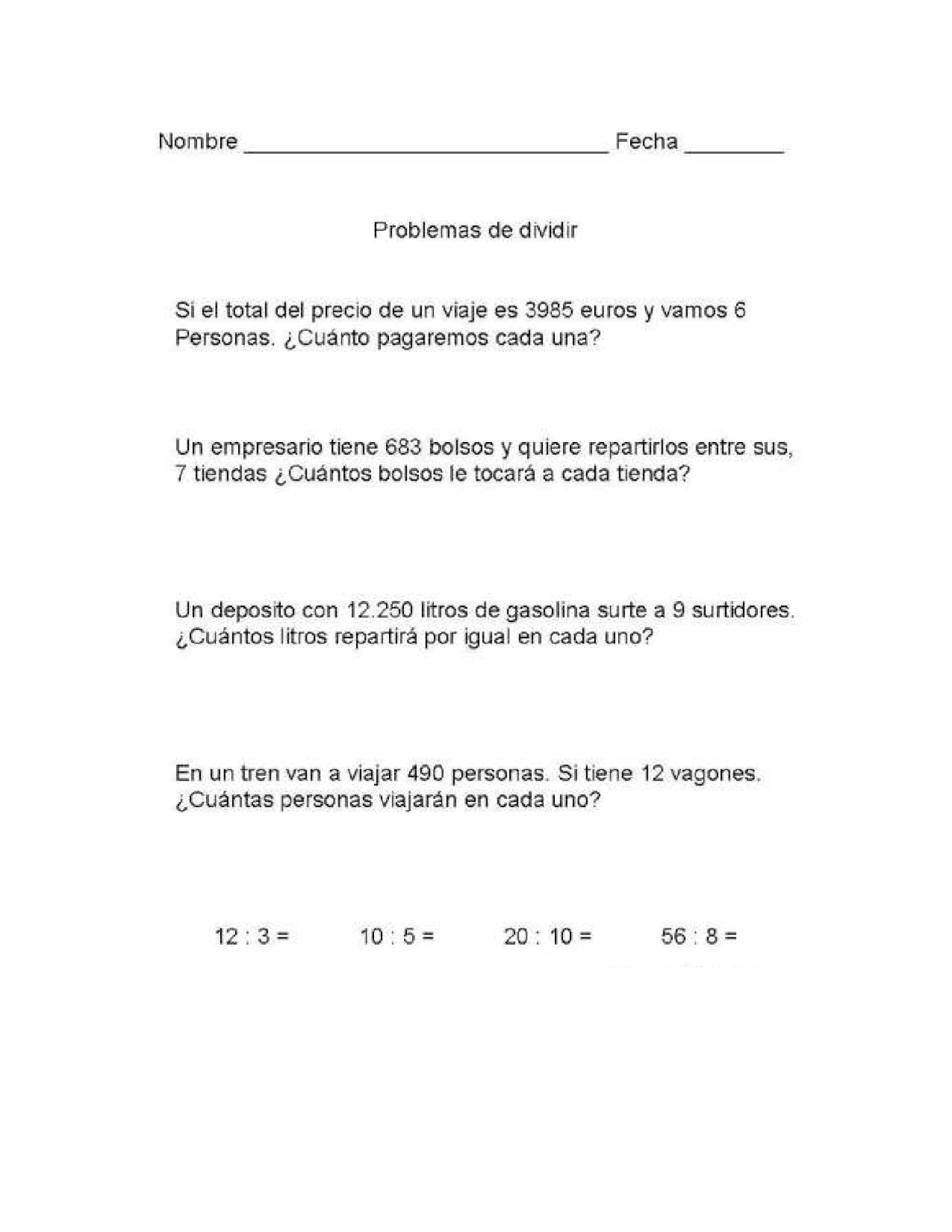 PROBLEMAS DE DIVISIONES | Ejercicios de Matemáticas | Docsity
