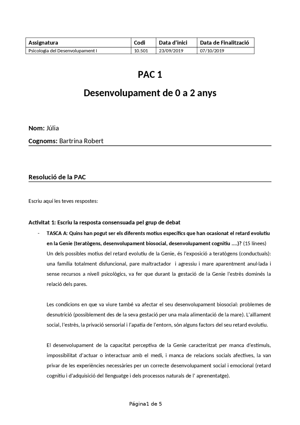 Pac 1 Psicologia Del Desenvolupament Docsity