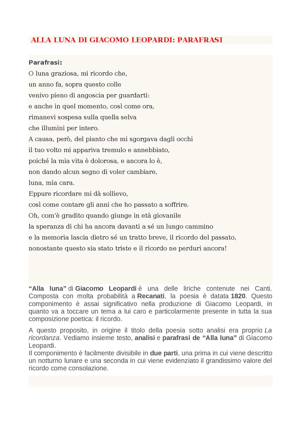 Alla Luna Giacomo Leopardi Docsity